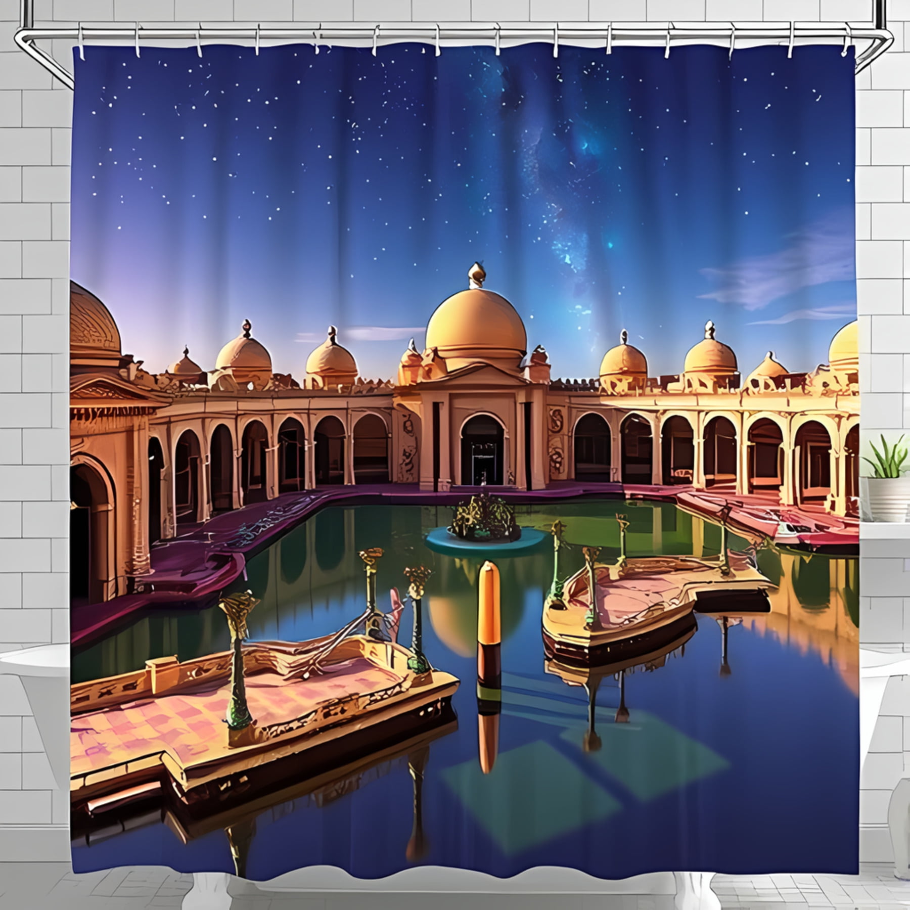 Serene Golden Shower Curtain - Opulent Design with Reflecting Pool ...