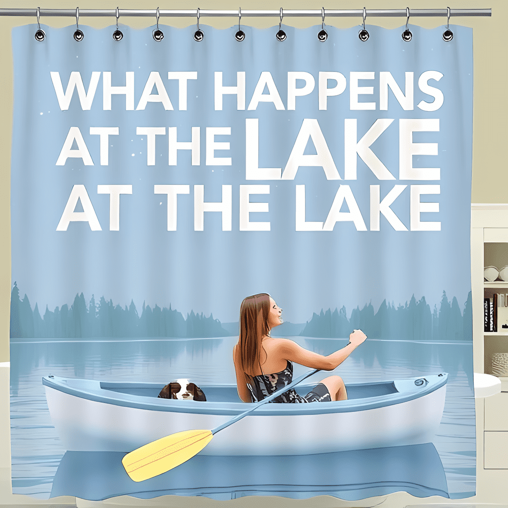 Serene Lakeside Shower Curtain with Canoe Scene & Dog - "What Happens ...