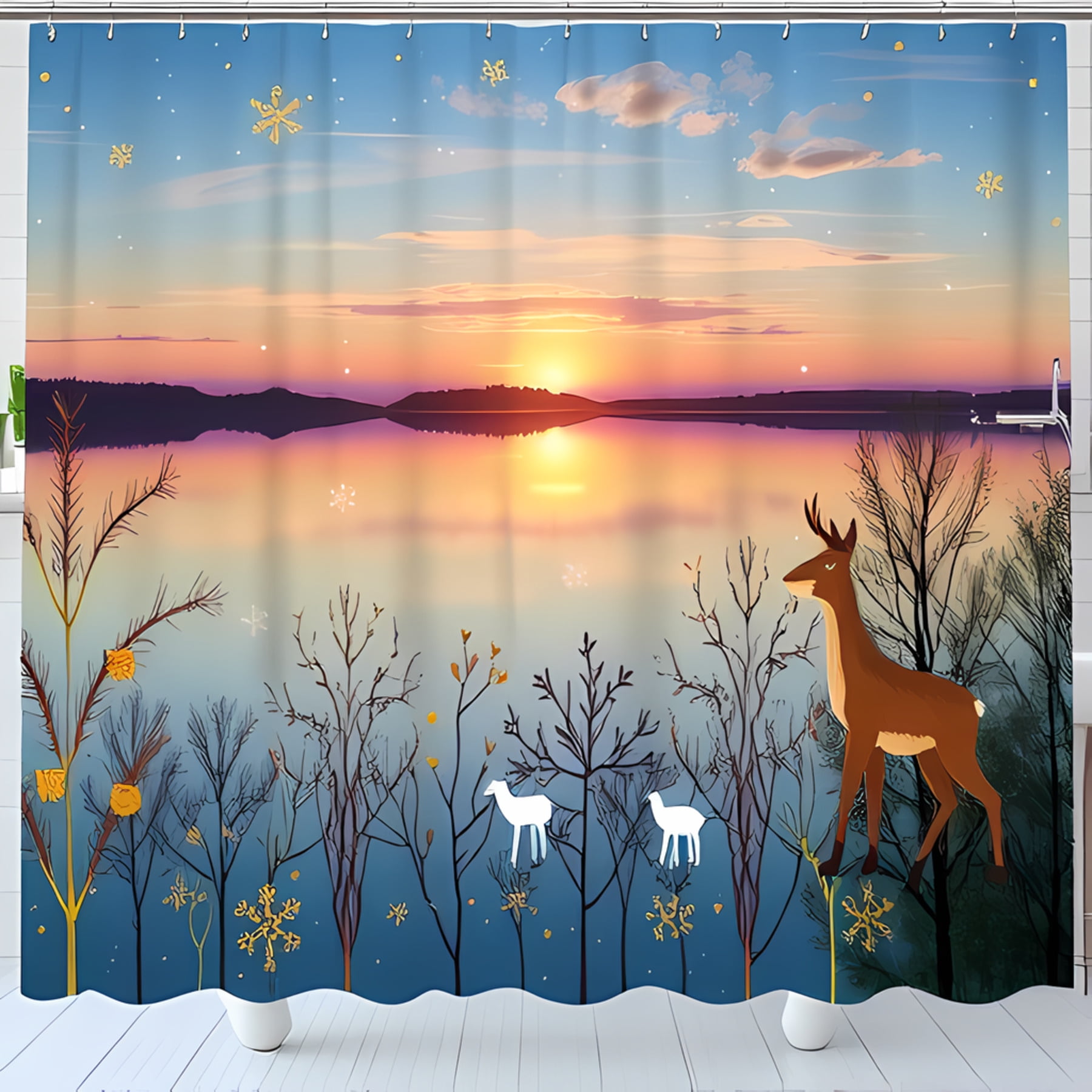 Serene Lakeside Sunset Shower Curtain - Majestic & Starry Sky Design ...