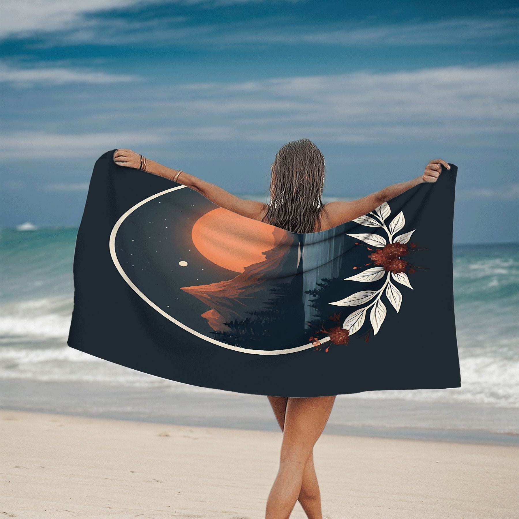 Serene Landscape Bath Towel - Large Orange Moon Mountain & Lake Design ...