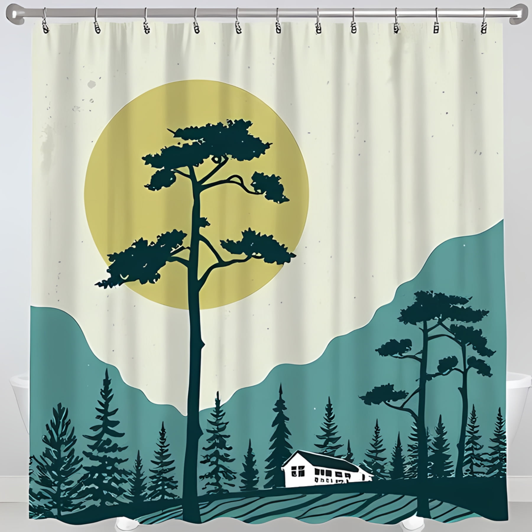 Serene Landscape Shower Curtain with Stylized Sun Pine Trees and Rustic Cabin Design in Calming ...