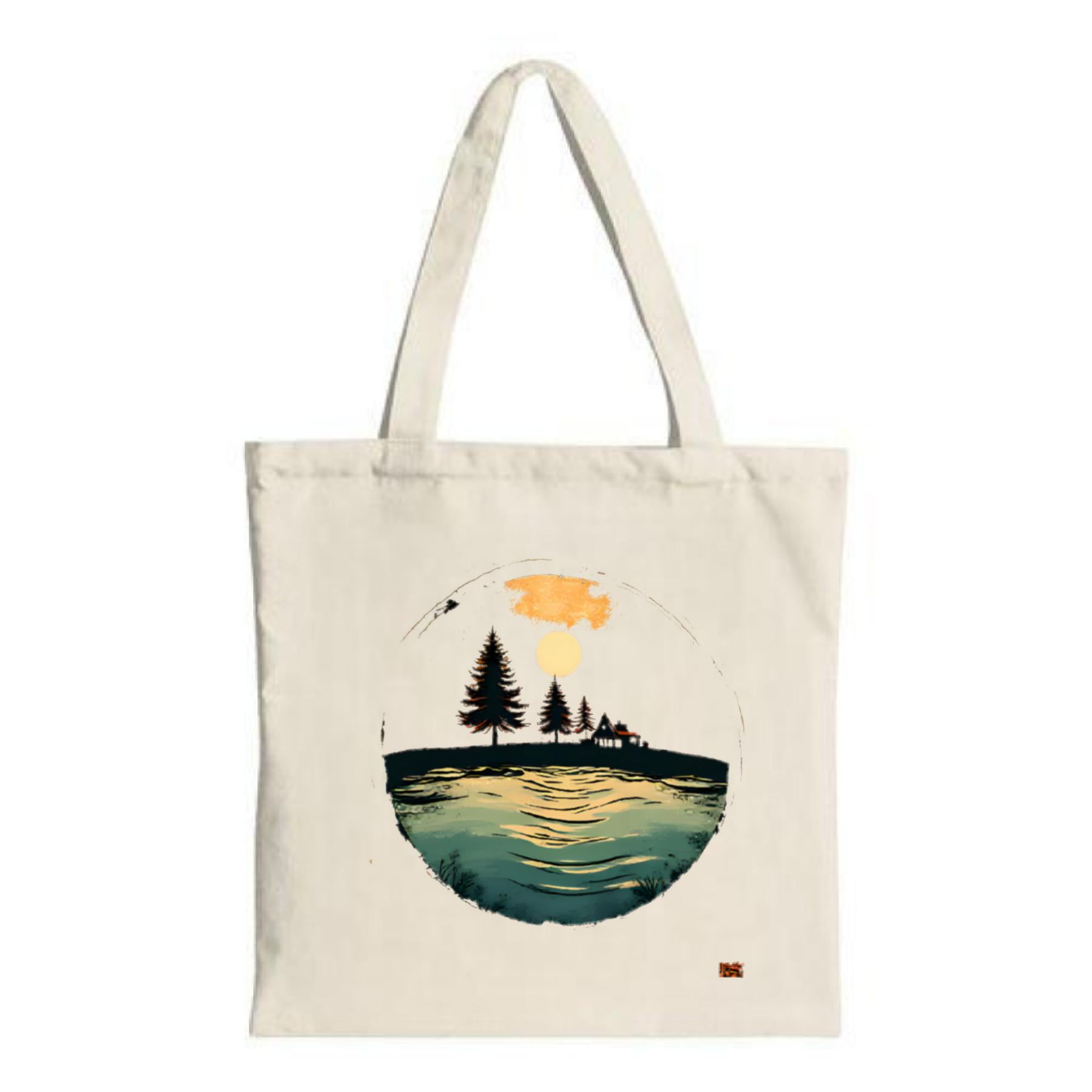Serene Landscape Tote Bag - Circular Design with Sunset Trees & Water ...