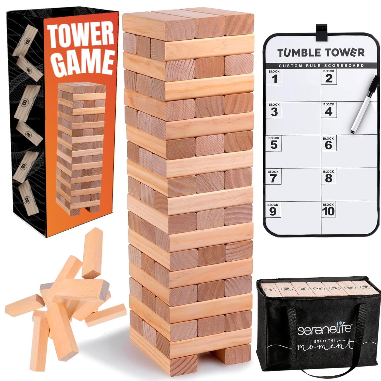 Serene Life 56 PCS Giant Tumble Tower Game - Pine Wooden Stacking ...