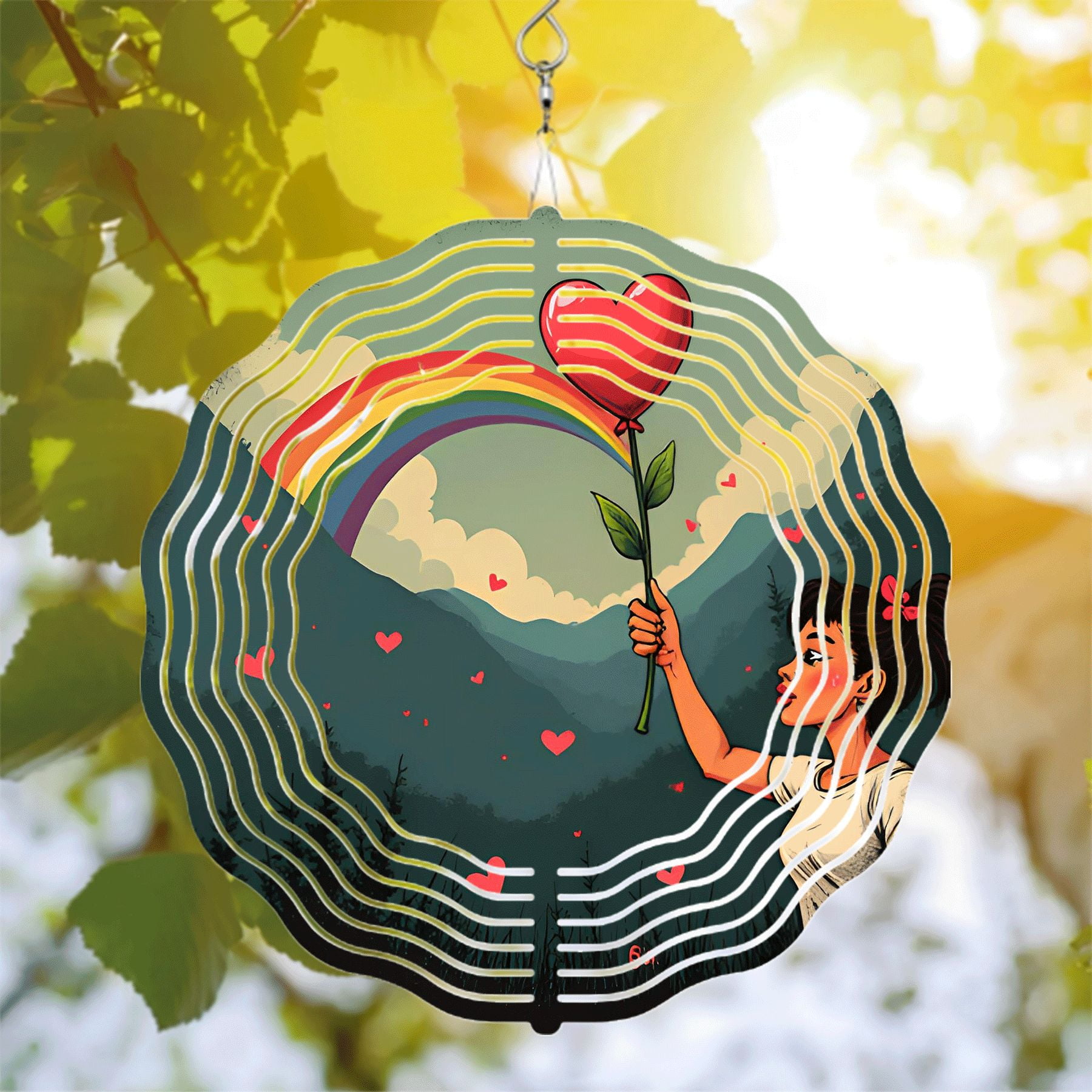 Serene Metal Wind Spinner with Heart Design - Colorful Rainbow ...