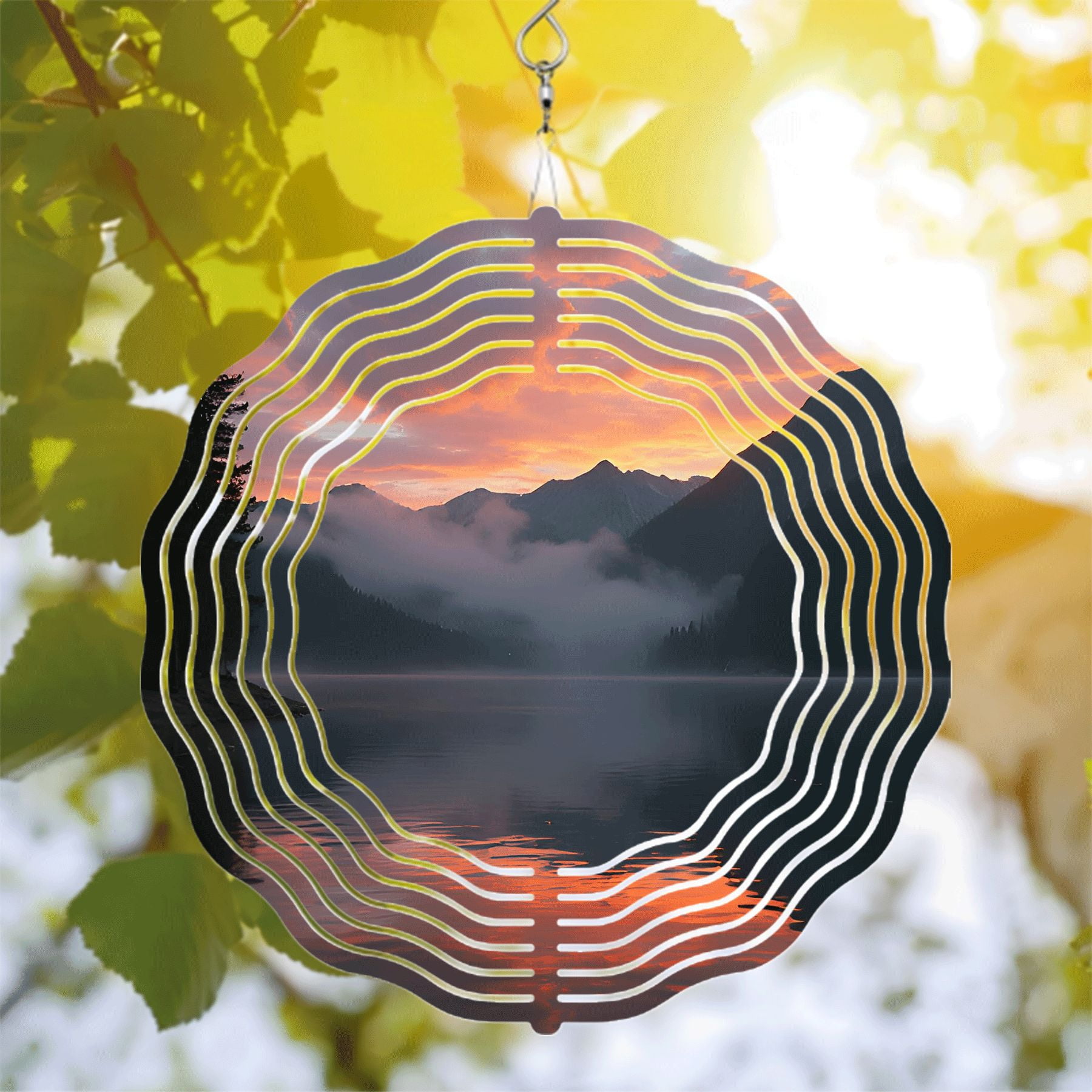 Serene Metal Wind Spinner with Wavy Lines Design - Vibrant Sunset ...