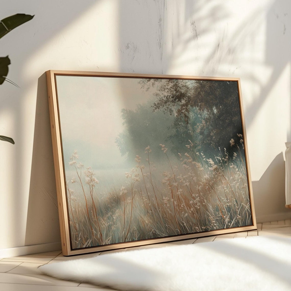 Serene Misty Meadow Wall Art Print, Minimalist Landscape Painting ...
