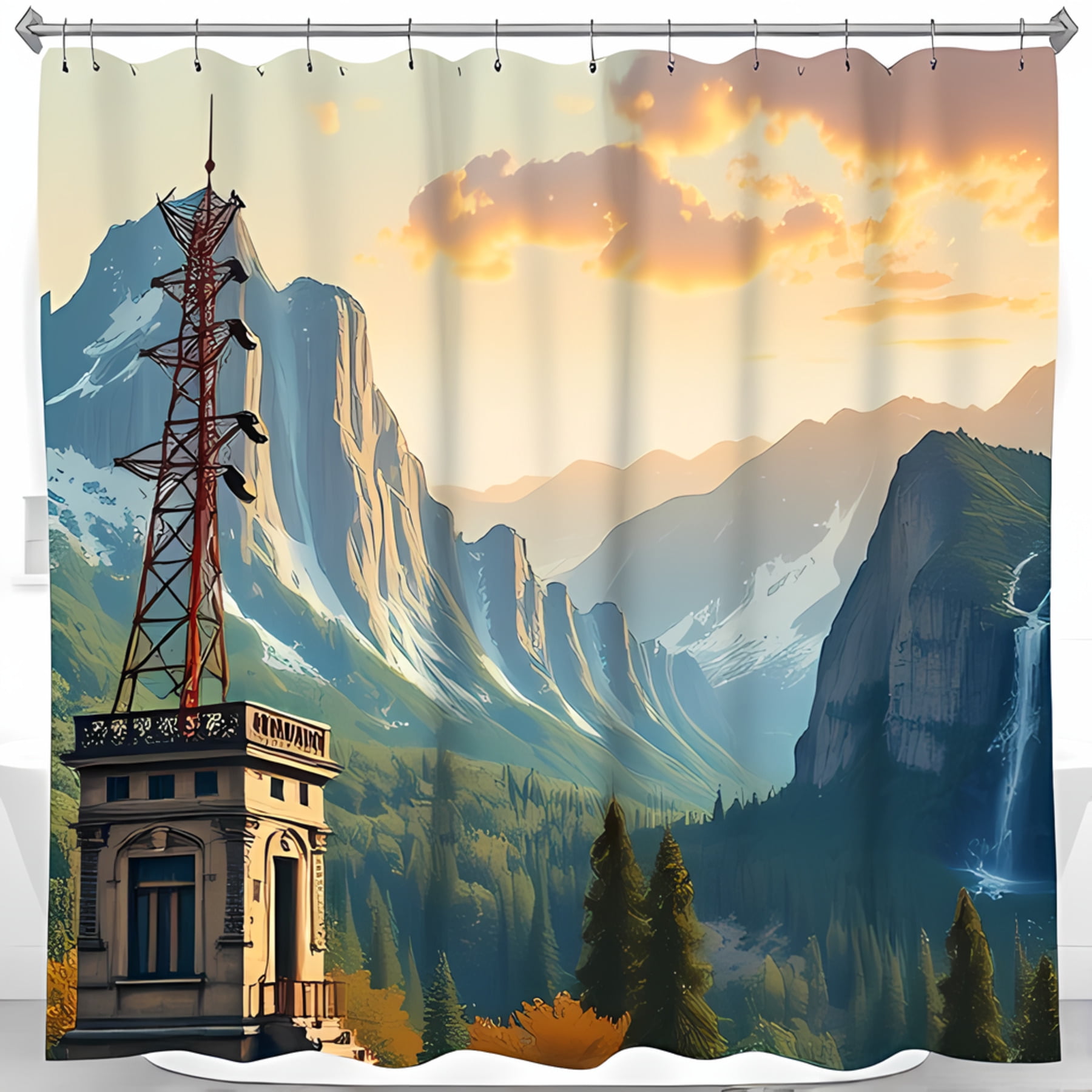 Serene Mountain Landscape Shower Curtain - Snow - Capped Peaks Green ...