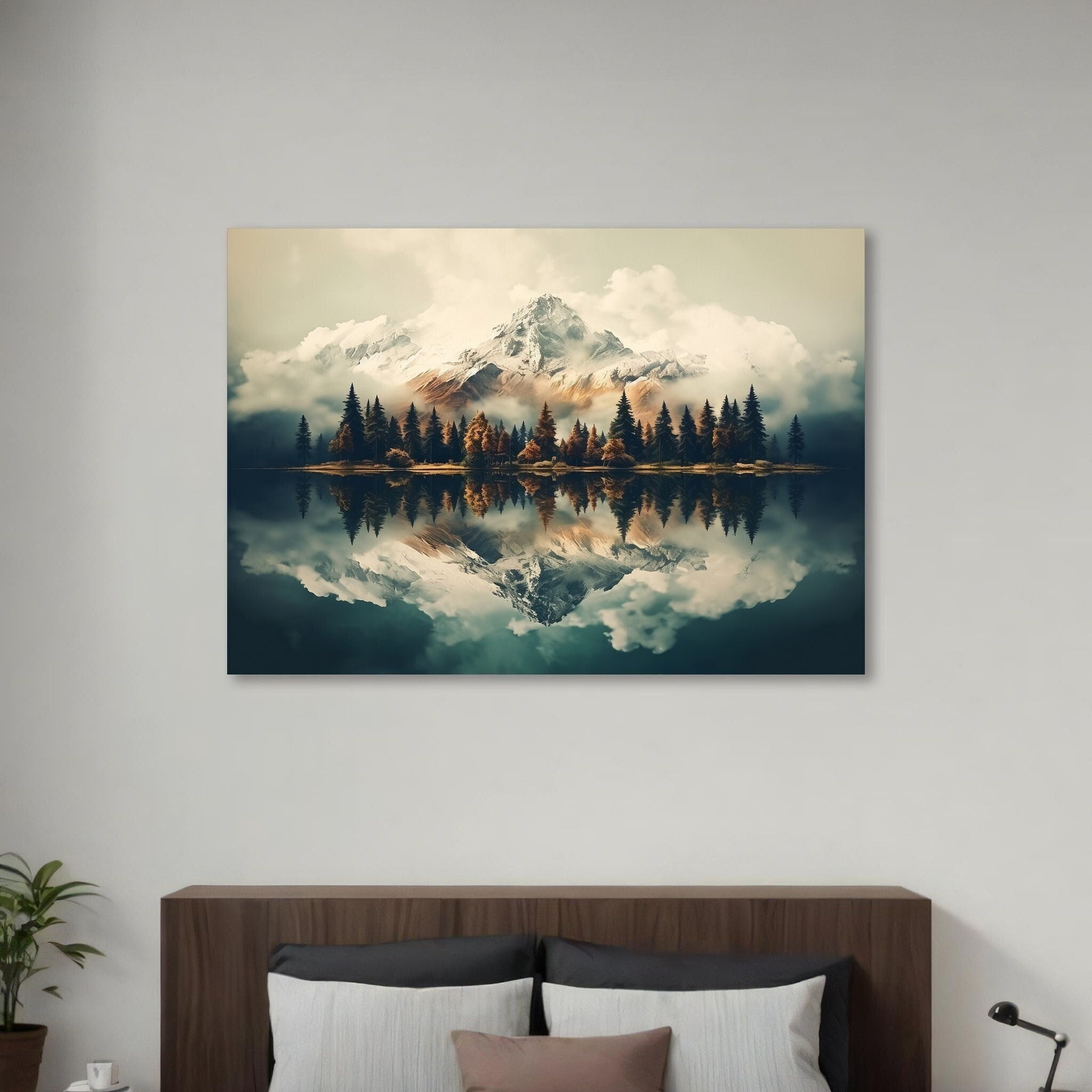 Serene Mountain Reflection Art, Tranquil Landscape For Living Room ...