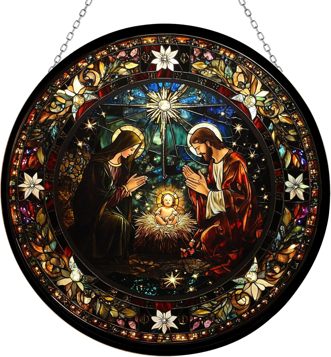 Serene Nativity Mary, Joseph Stained Glass Suncatcher Window Hanging ...