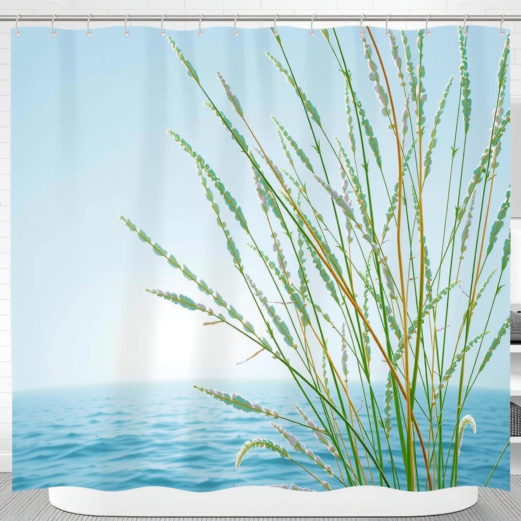 Serene Nature-Inspired Shower Curtain with Green Grass and Blue Sky ...