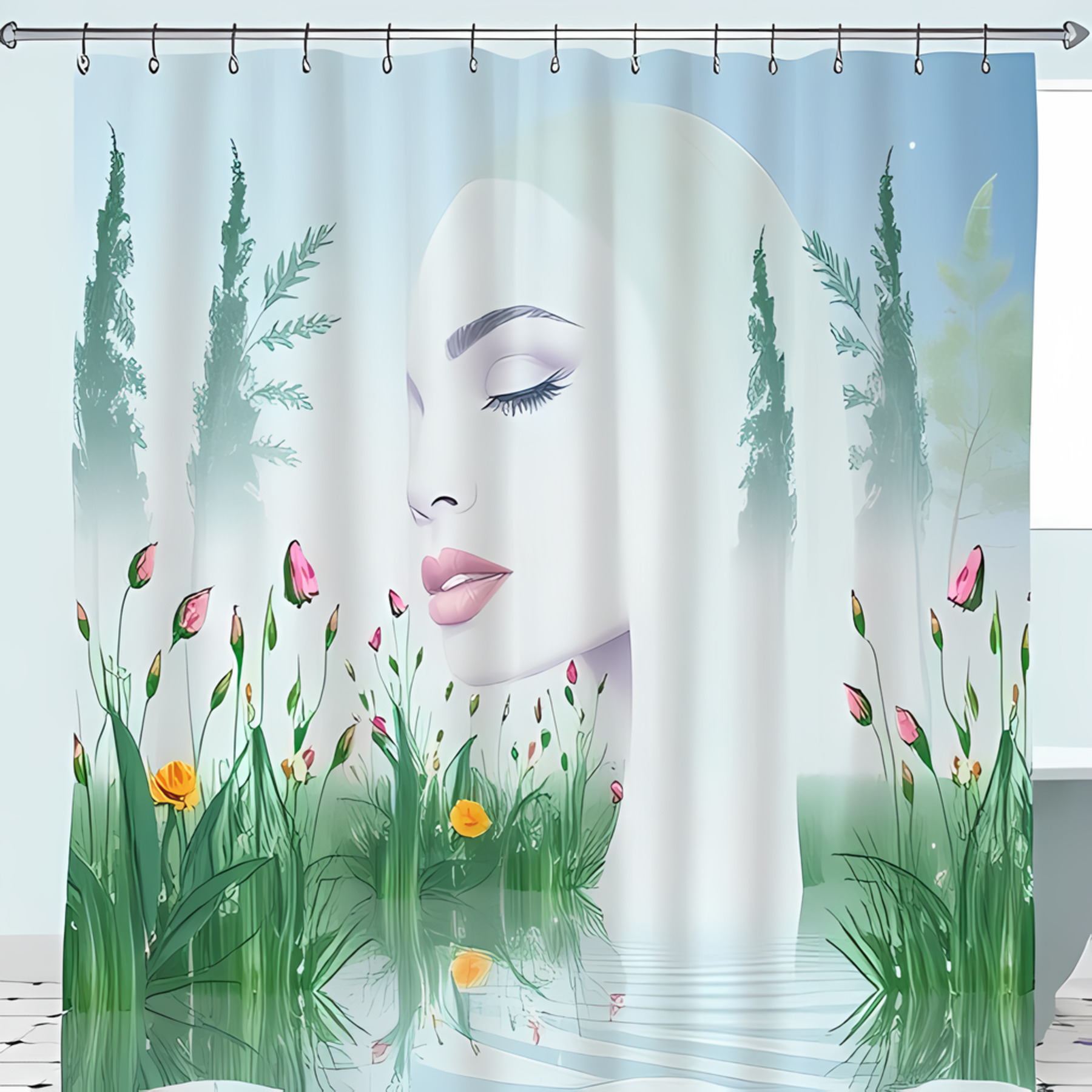 Serene Nature Shower Curtain - Greenery & Dreamy Blue Gradient Peaceful ...
