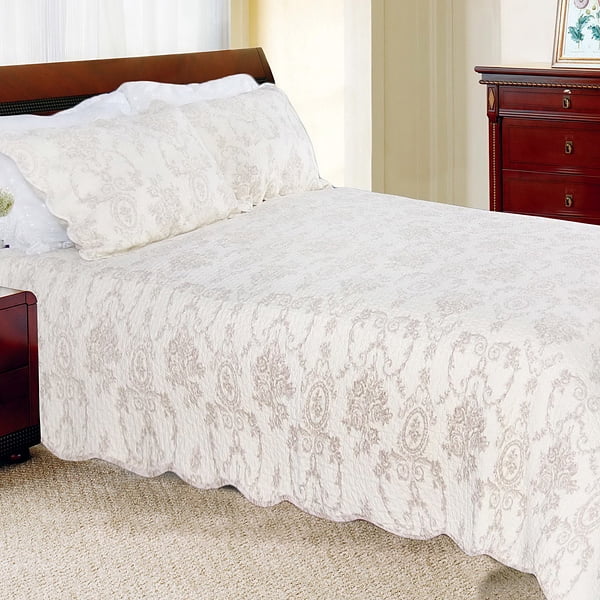 Serene Night-Ivory 100% Cotton 3PC Classic Floral Vermicelli-Quilted ...