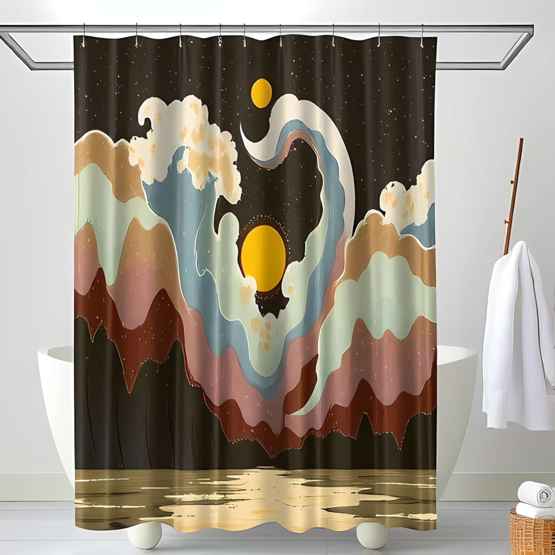 Serene Night Sky Shower Curtain with Stylized Landscape Design Yellow ...