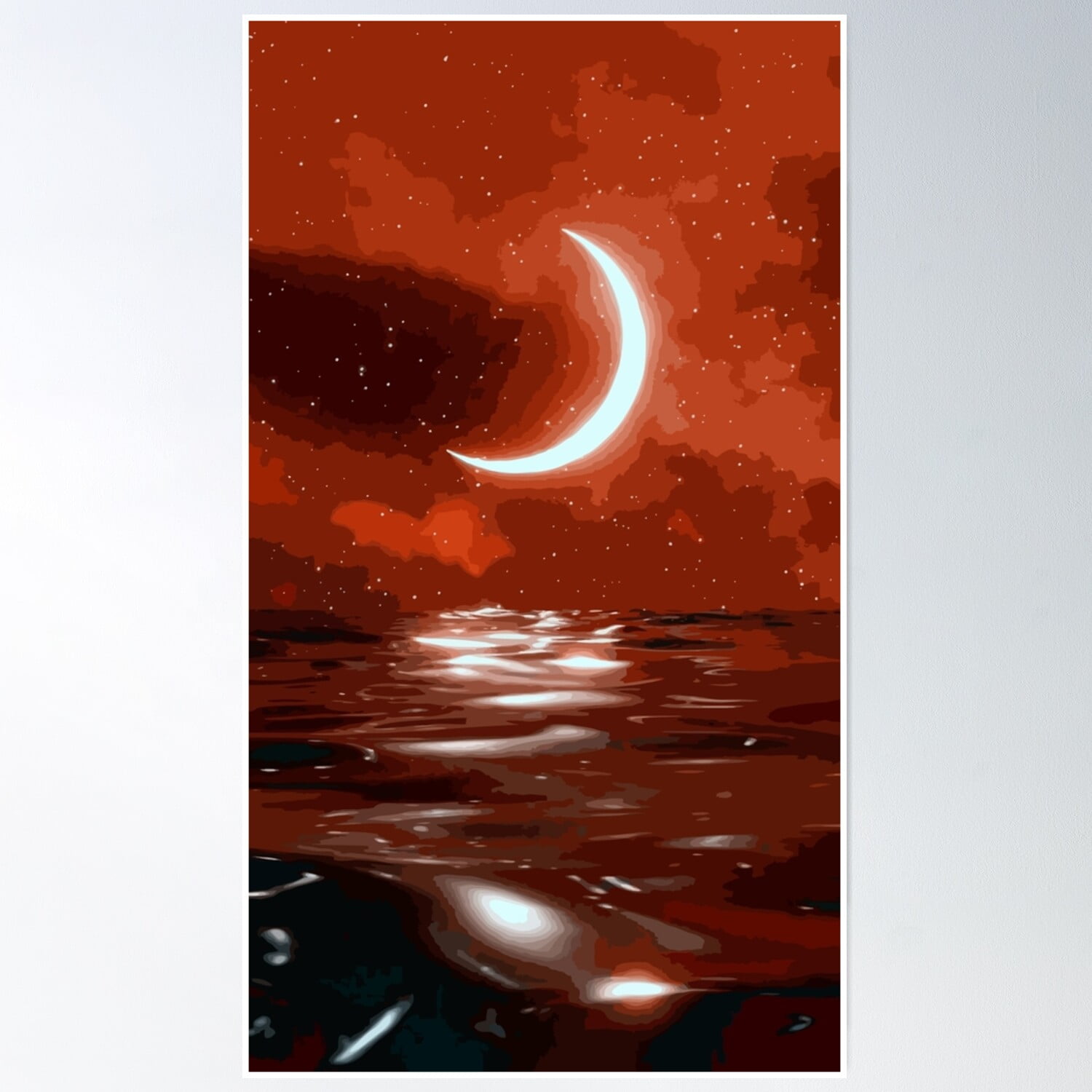 Serene Nightscape With A Crescent Moon Illuminating A Dark, Red Sky ...