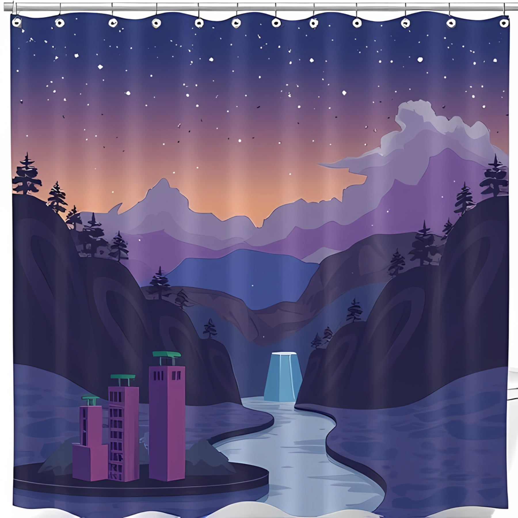 Serene Nighttime Landscape Shower Curtain - Starry Sky Flowing River ...