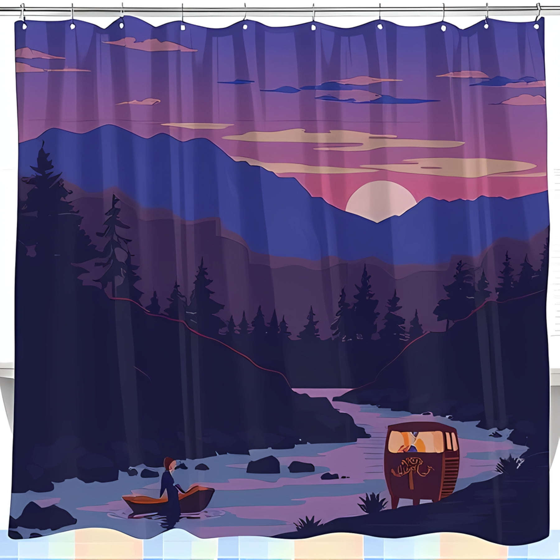 Serene Nighttime River Scene Shower Curtain - Beautiful Purple and Pink ...
