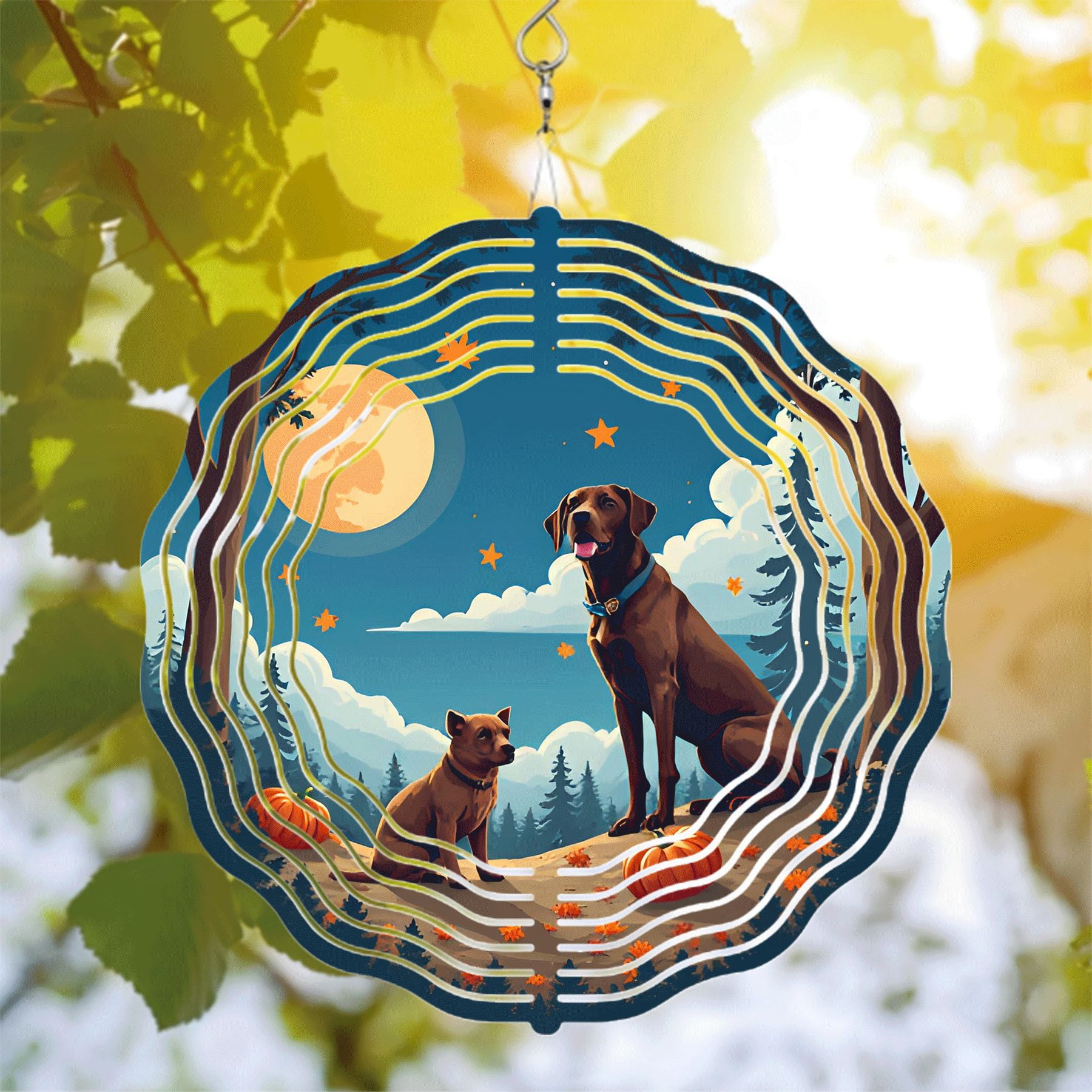 Serene Nighttime Scene Metal Wind Spinner - Dogs Moon & Stars Design ...