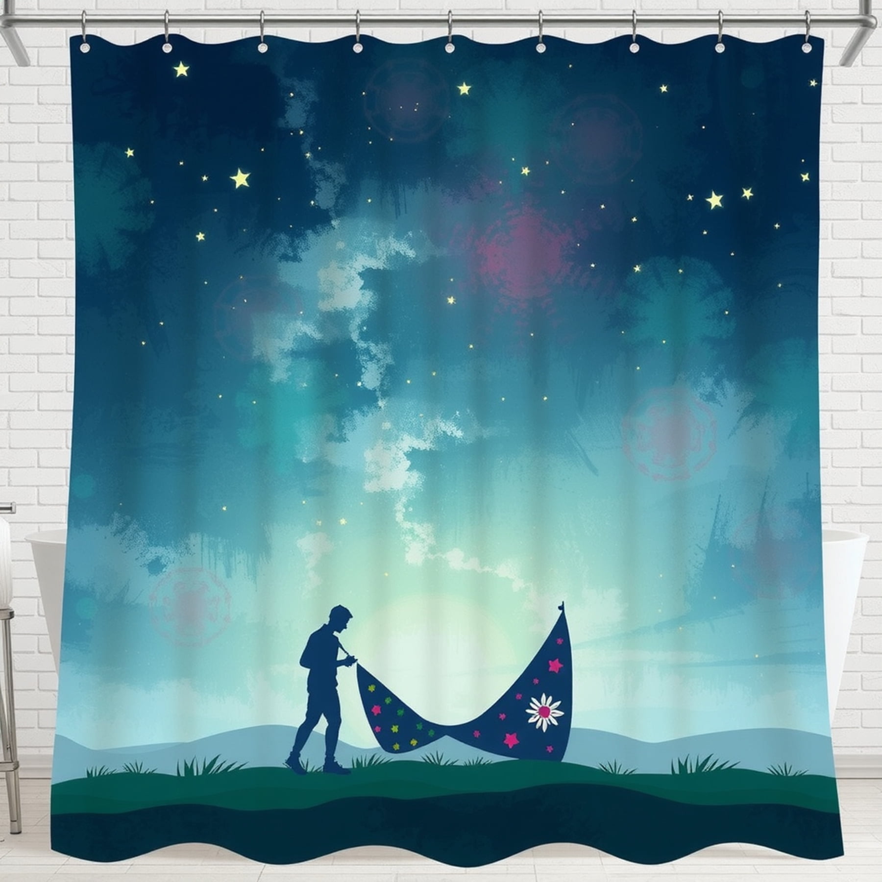 Serene Nighttime Scene Shower Curtain - Starry Sky & Floral Tent Design ...