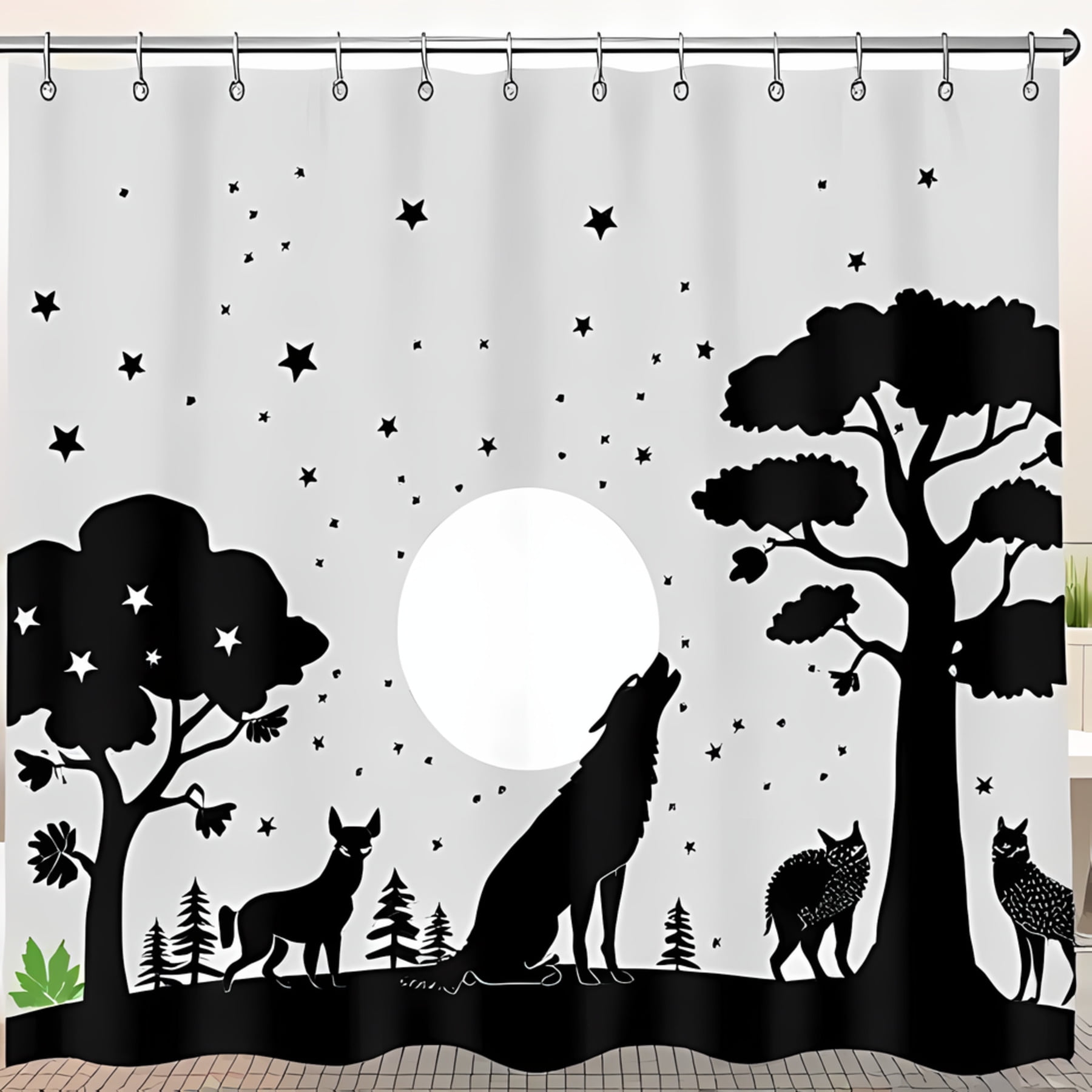 Serene Nighttime Scene Shower Curtain with Silhouetted Trees Wolf and ...