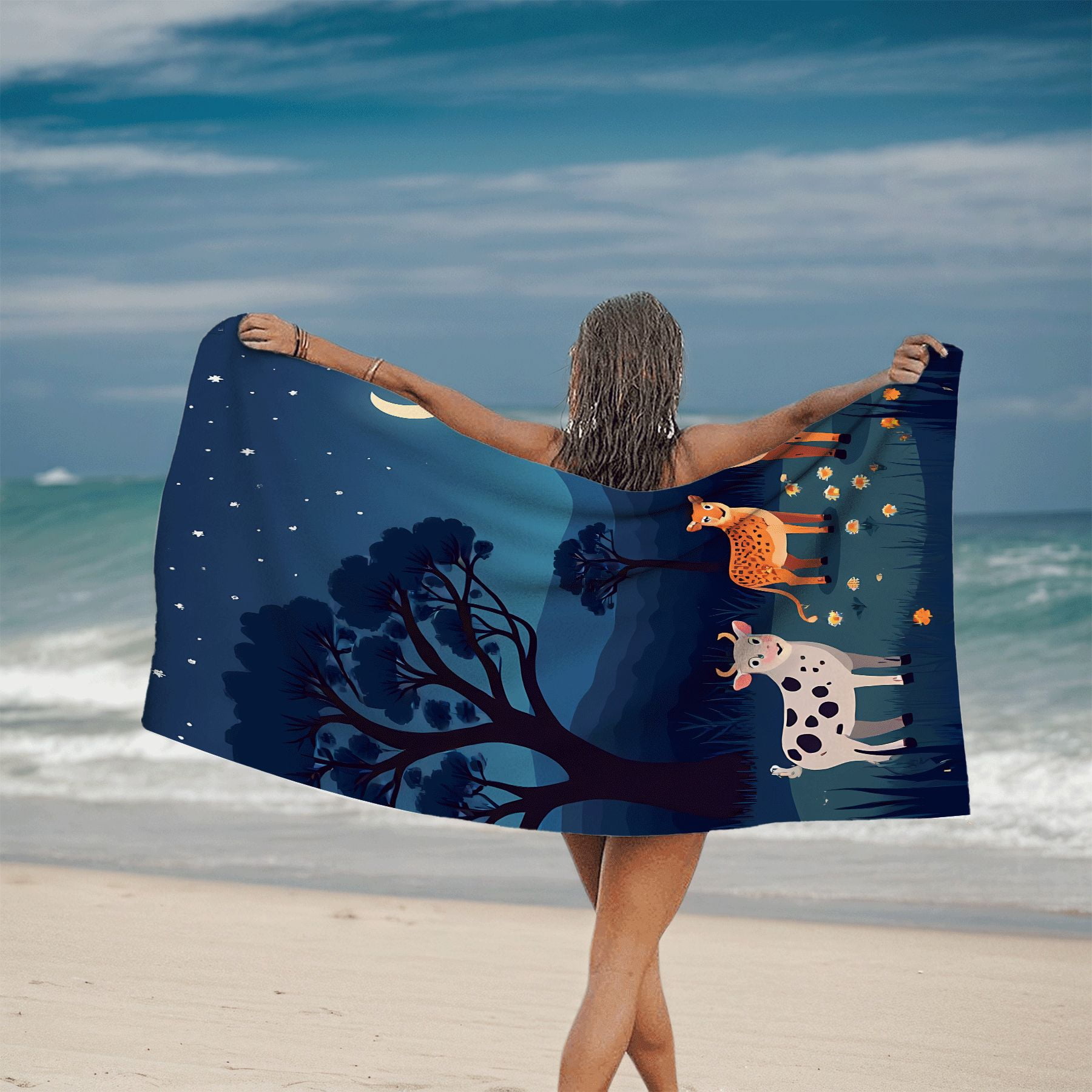 Serene Nighttime Scene Towel - Spotted Cows Cub Design - Perfect for ...