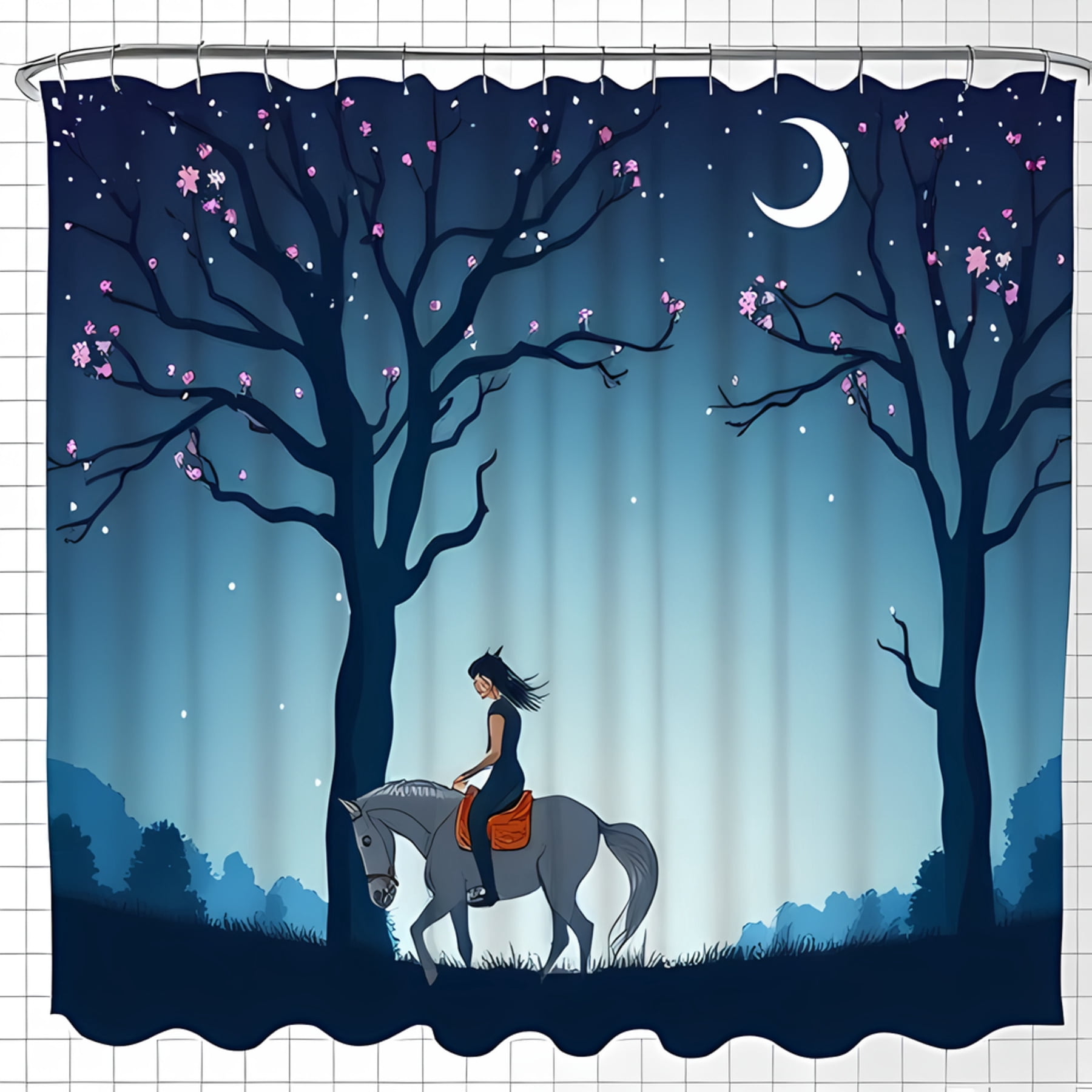Serene Nighttime Shower Curtain - Female Rider on Horse Under with ...