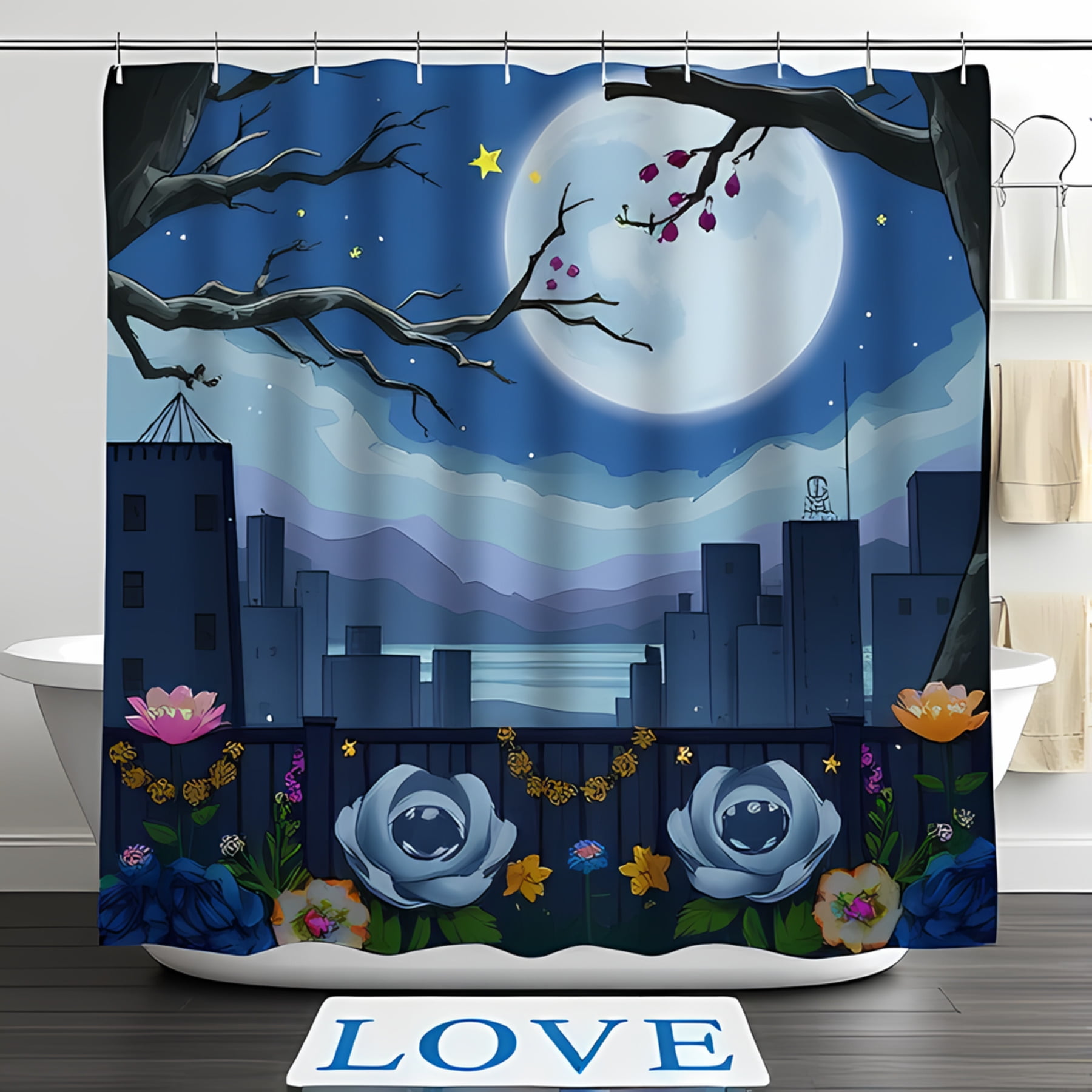 Serene Nighttime Shower Curtain - Full Moon Stars Cityscape & Floral ...