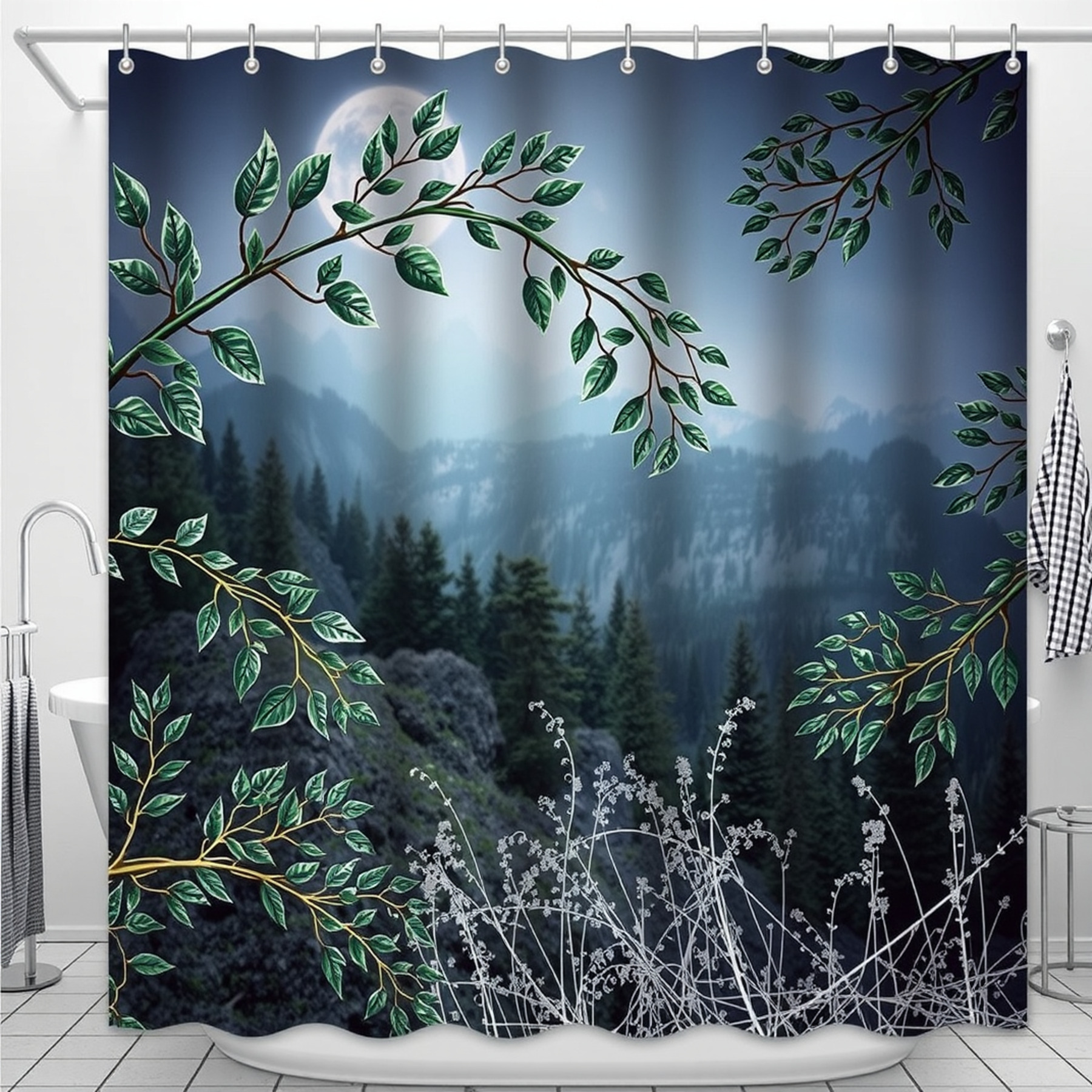 Serene Nighttime Shower Curtain with Full Moon & Trees - Tranquil ...