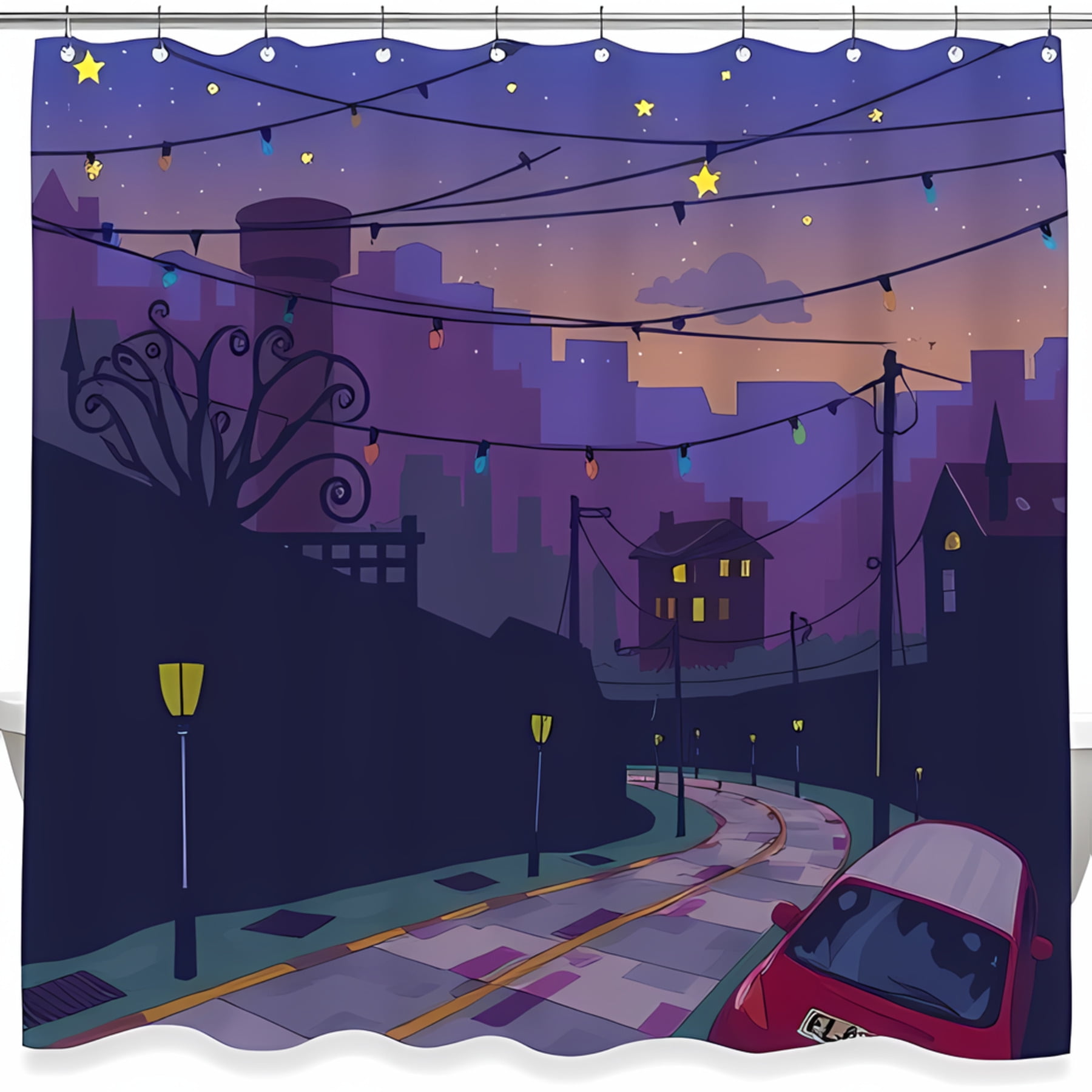 Serene Nighttime Street Scene Shower Curtain - Starry Sky Colorful ...