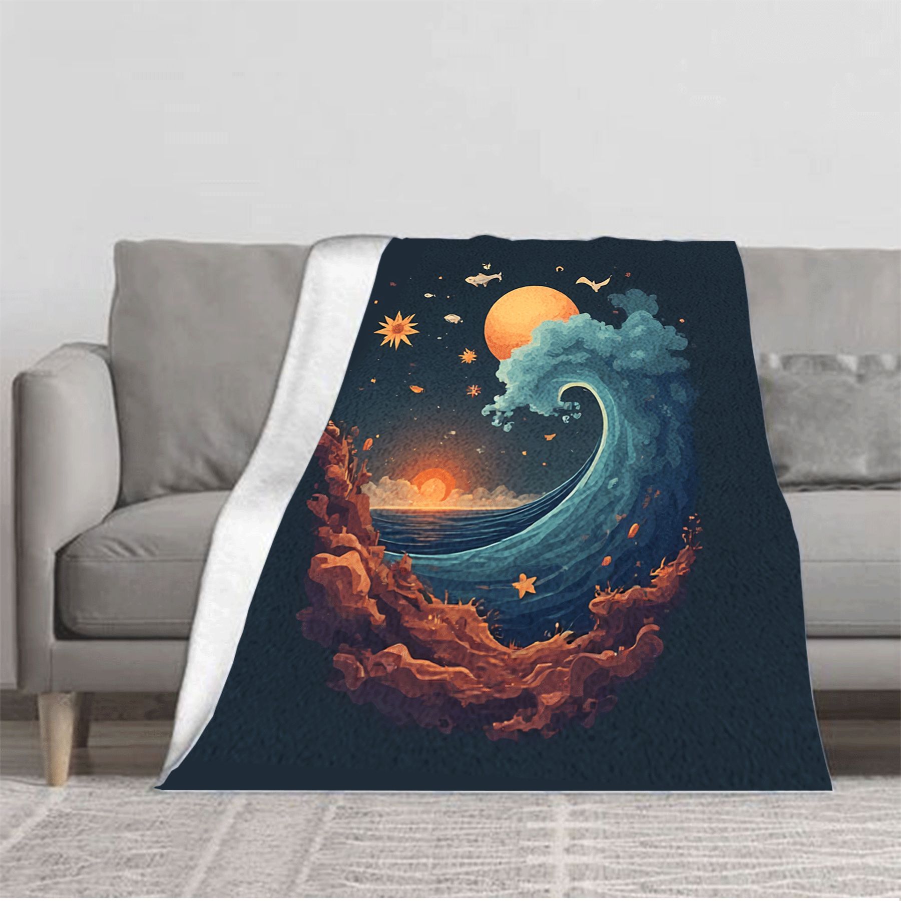 Serene Ocean Scene Flannel Blanket - Soft Cozy Design with Waves Stars ...