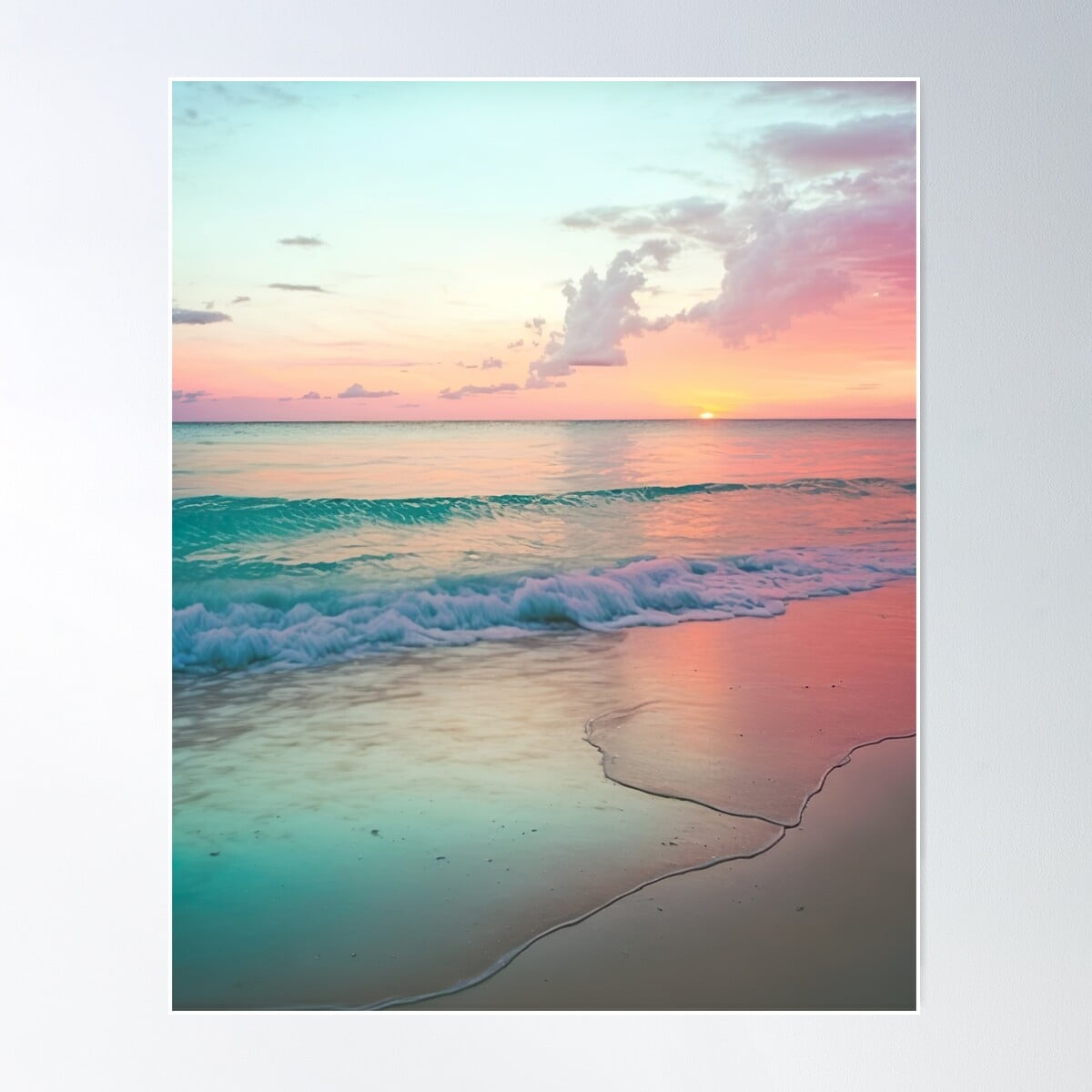 Serene Pink Sunset By The Beach: Beach Sunset Landscape Poster Wall Art ...