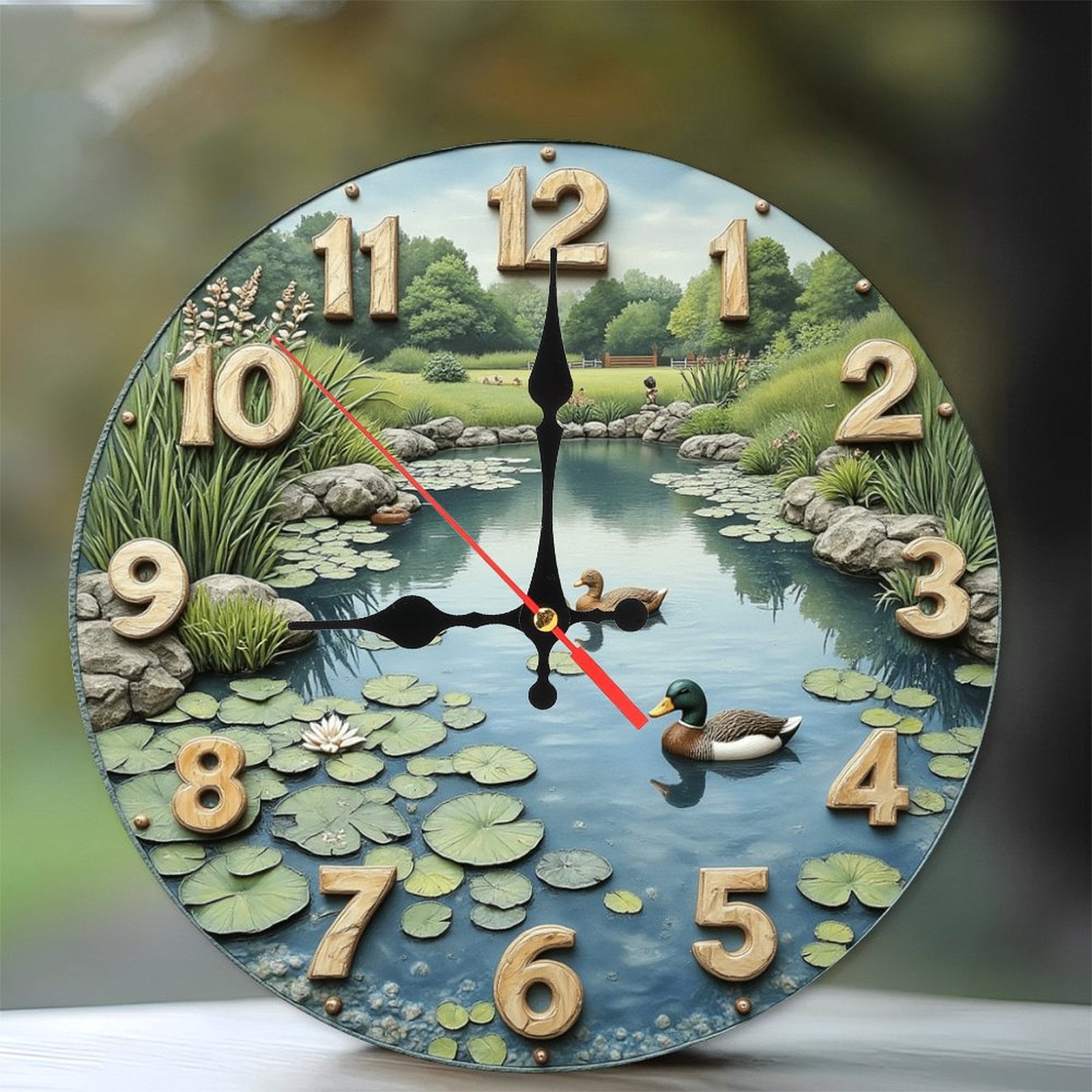Serene Pond Landscape Wall Clock with Ducks 10-Inch Silent Wooden Wall ...