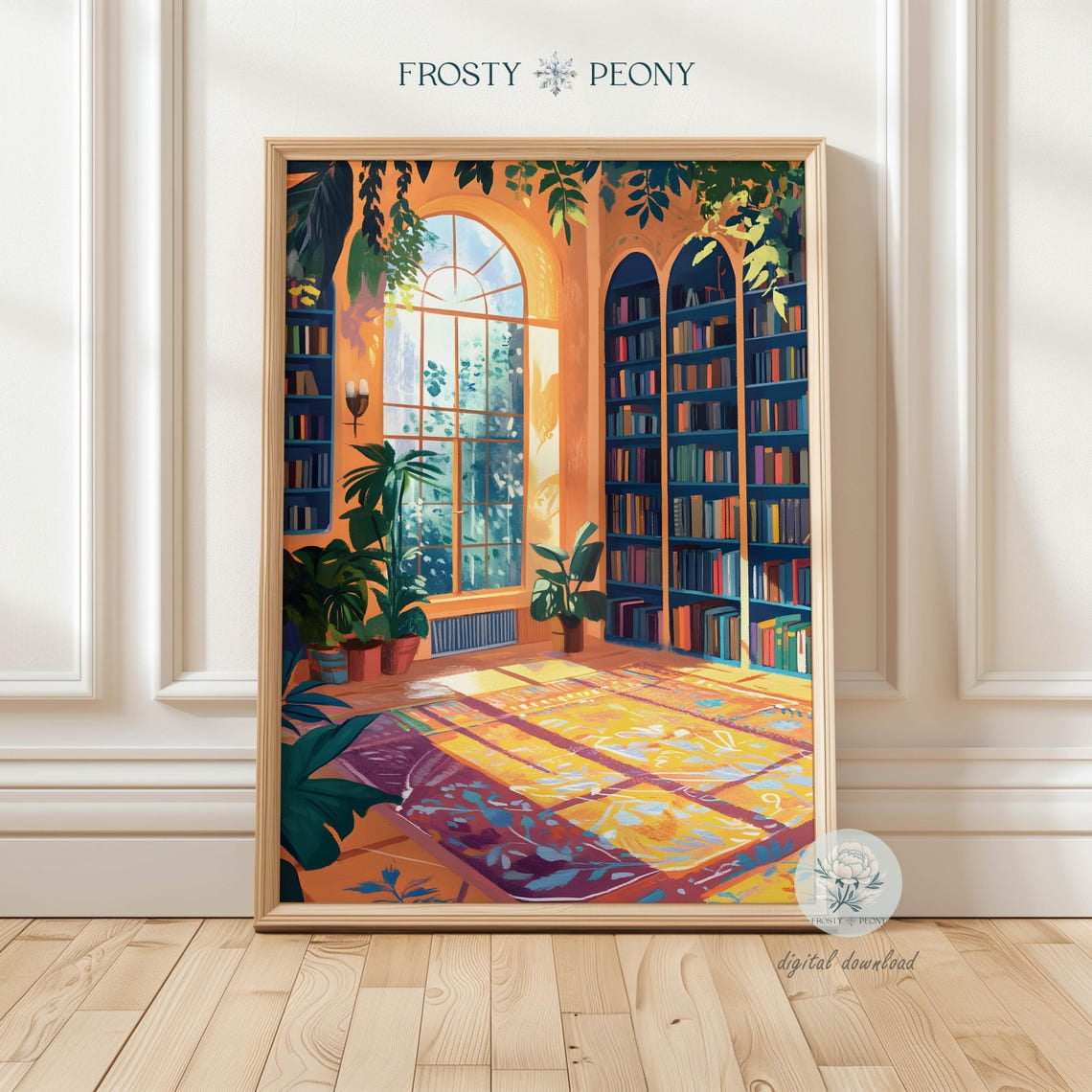 Serene Reading Corner Art Print, Cozy Bookshelves And Plants Art Print ...