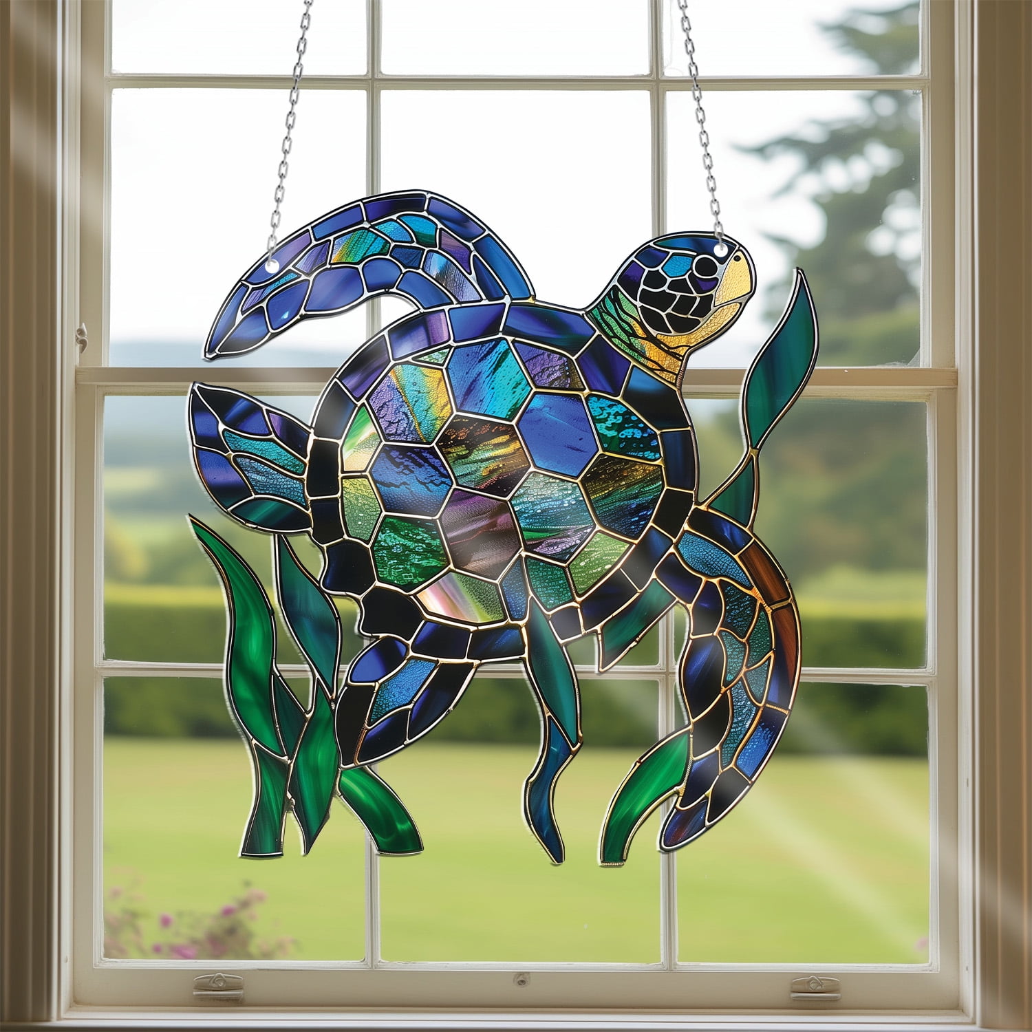 Serene Sea Turtle Acrylic Window Hanging - Stained Glass Style Oceanic ...