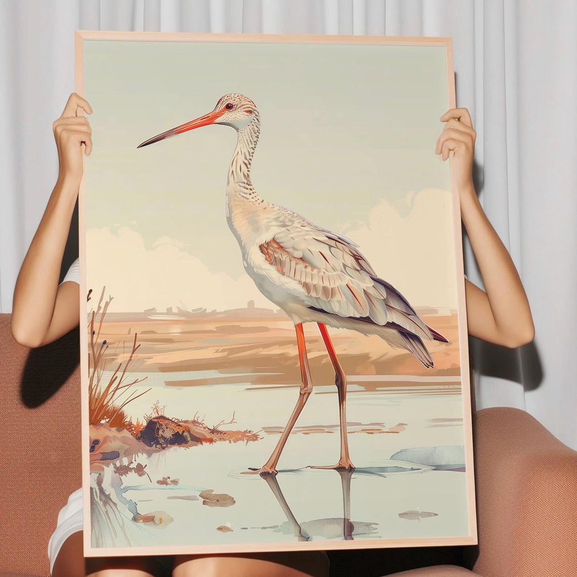 Serene Shorebird Art Print - Detailed Wader Bird Illustration, Coastal ...