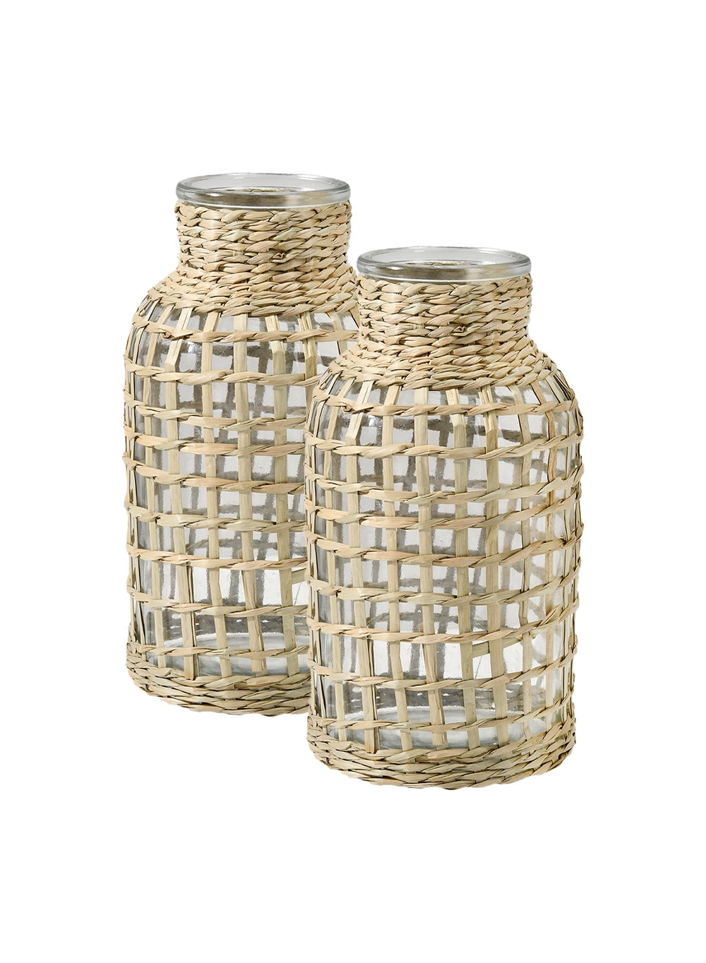 Serene Spaces Living Set of 2 Small Rattan Glass Vase, 4.5" Dia & 8 ...