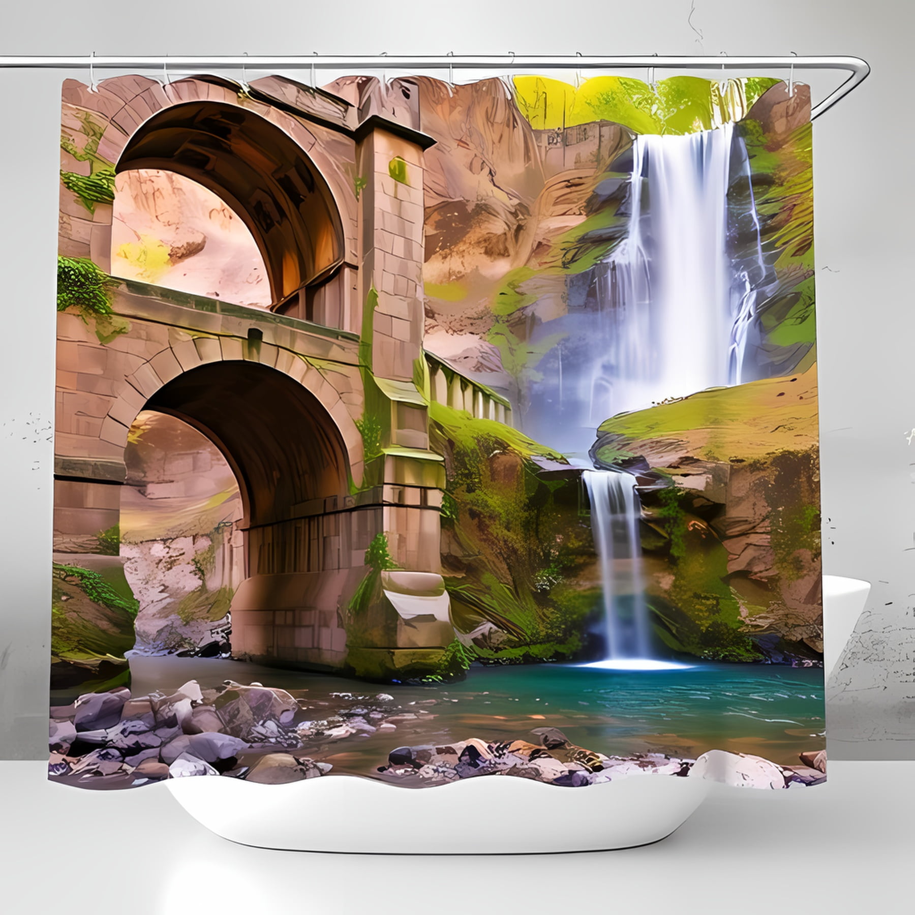 Serene Stone Bridge Shower Curtain - Captivating Waterfall & Greenery ...