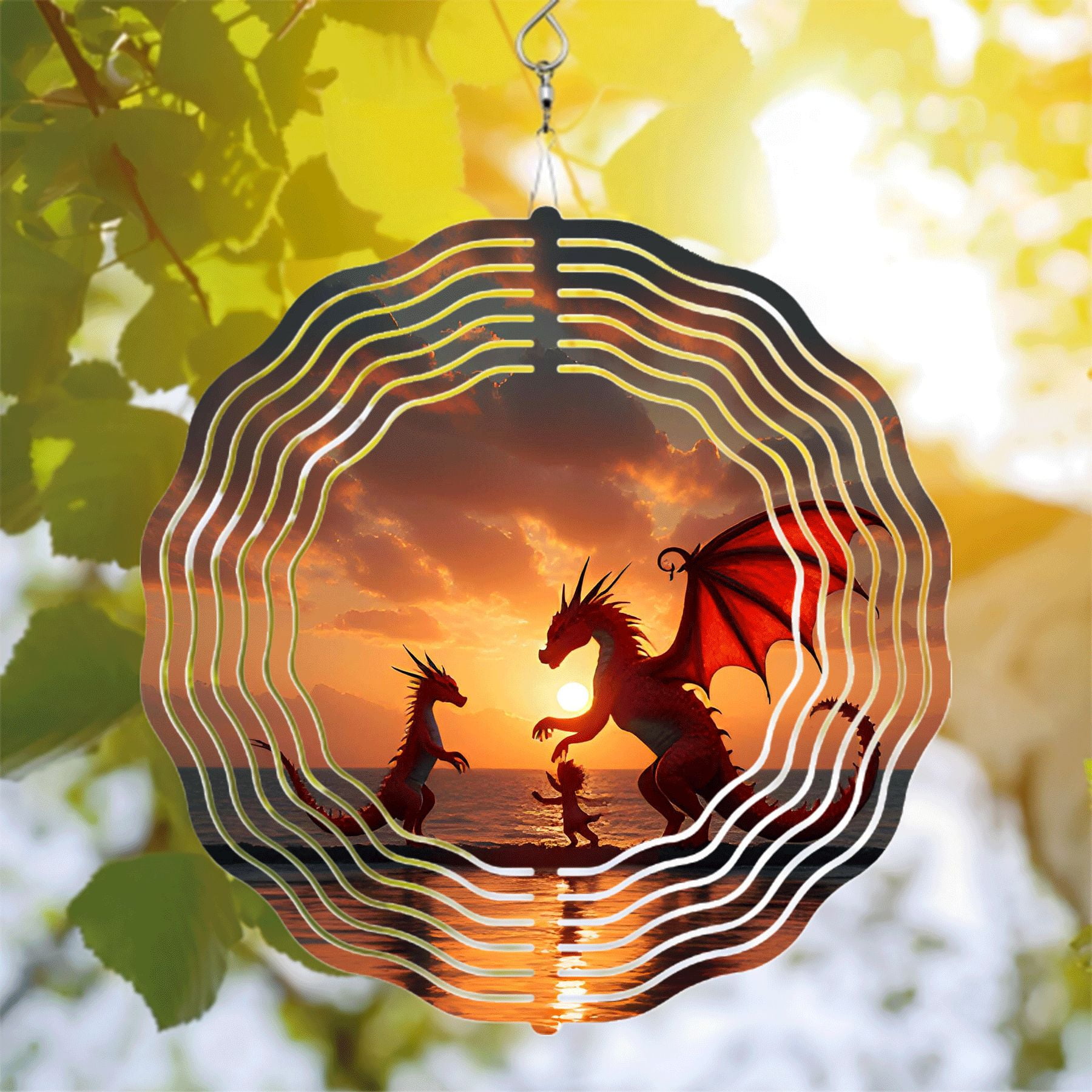 Serene Sunset Dragon Metal Wind Spinner - Circular Pattern Design for ...