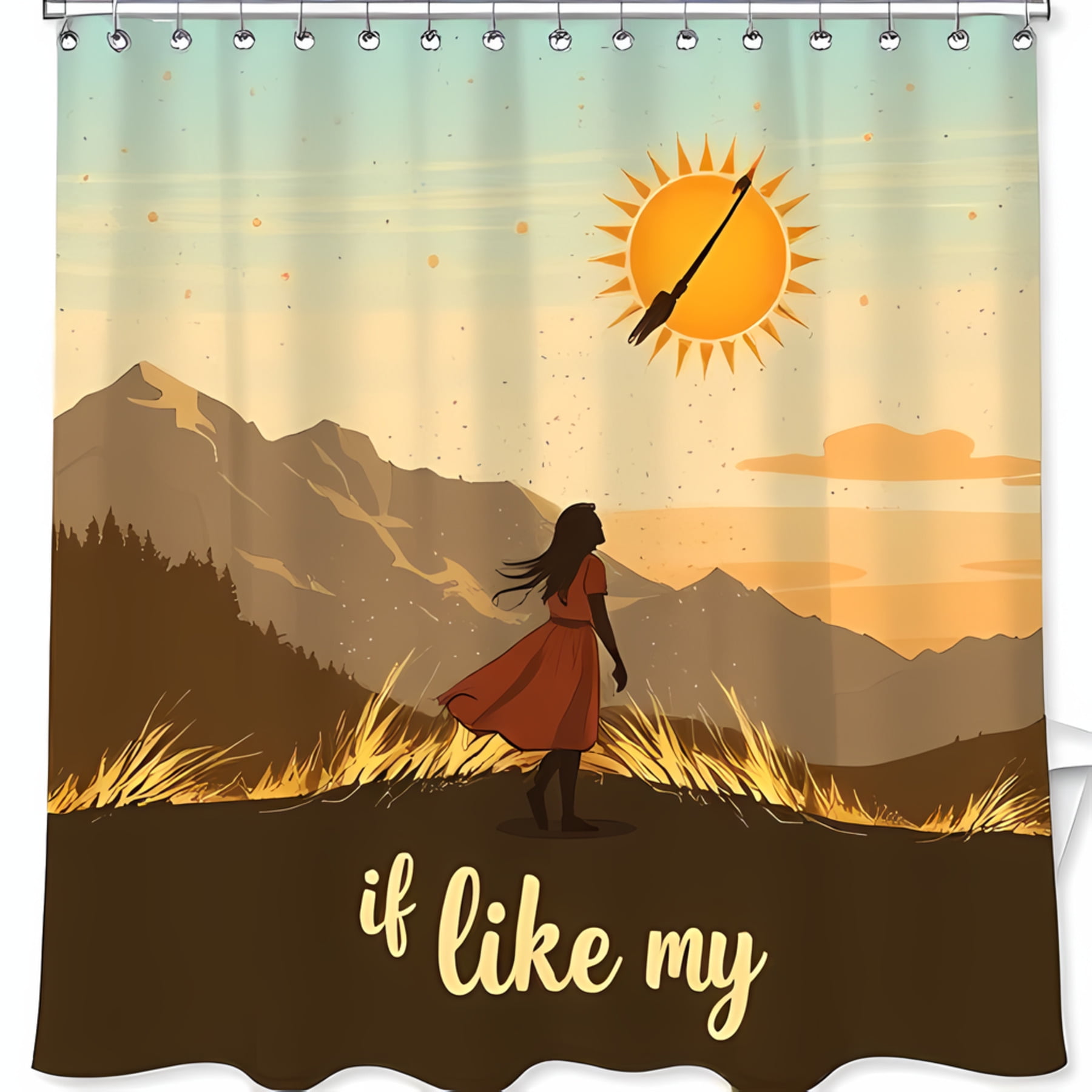 Serene Sunset Landscape Shower Curtain - Silhouetted Woman in Red Dress Muted Mountains ...