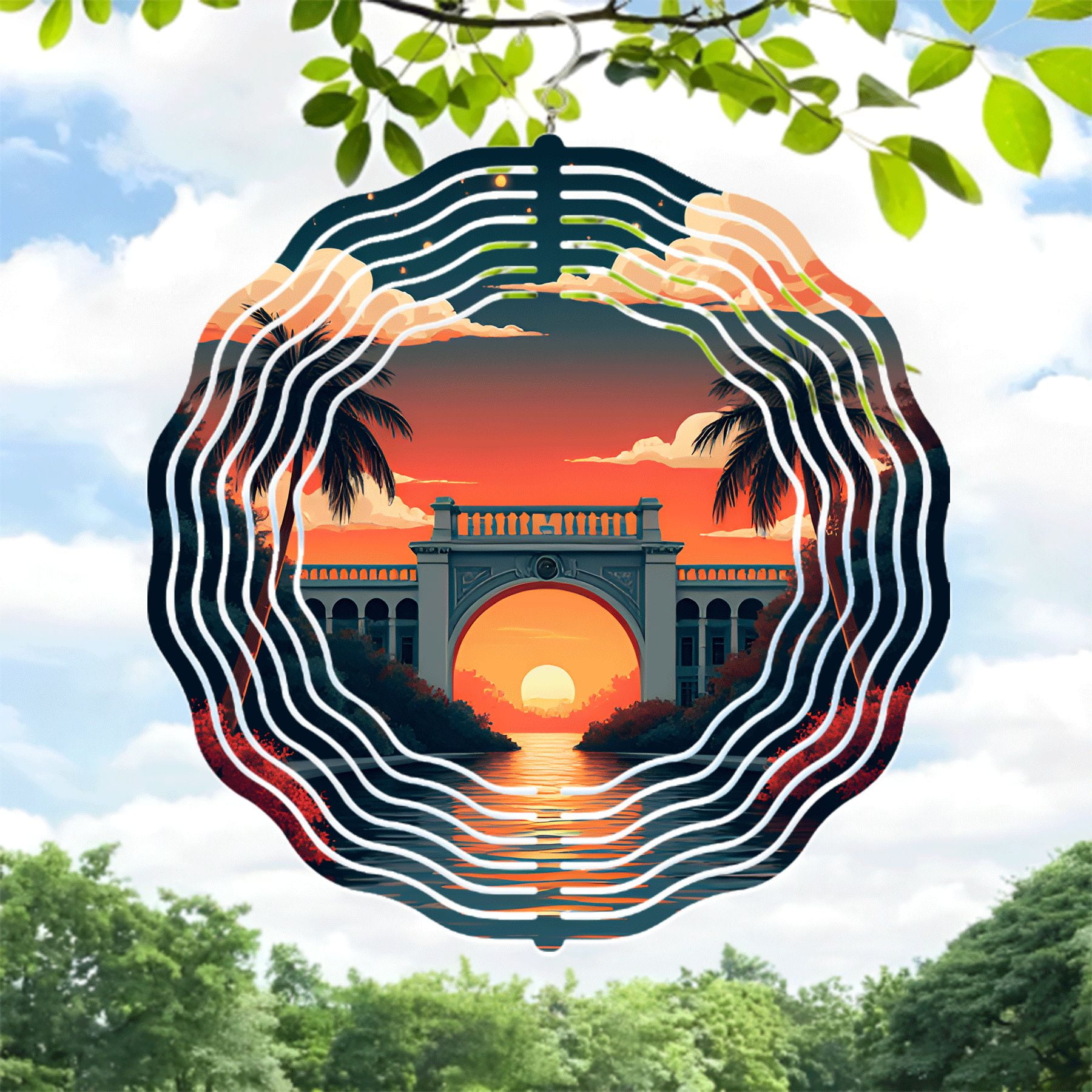 Serene Sunset Metal Wind Spinner - Concentric Waves Design for Yard ...