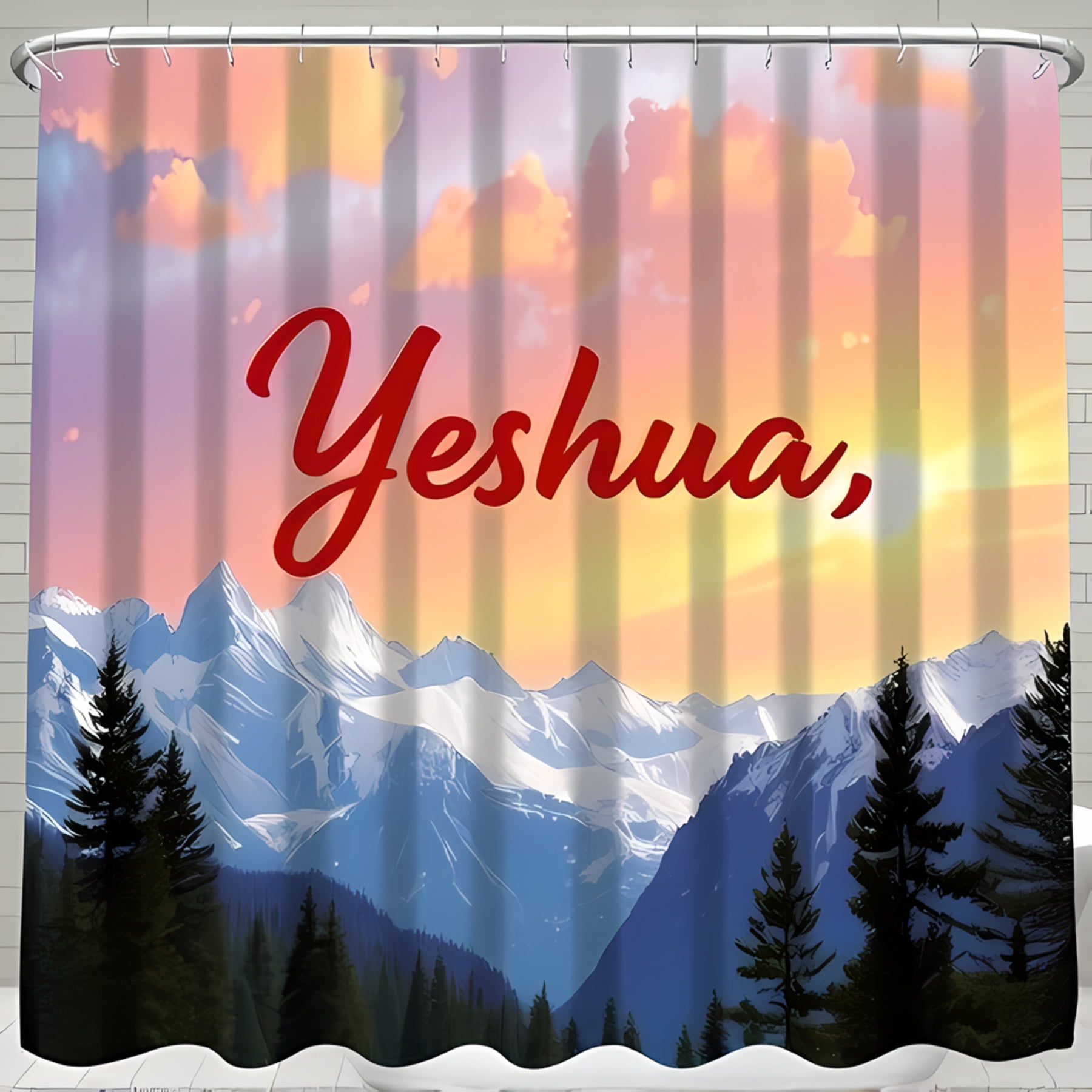 Serene Sunset Mountain Range Shower Curtain with 'Yeshua' in Bold Red ...