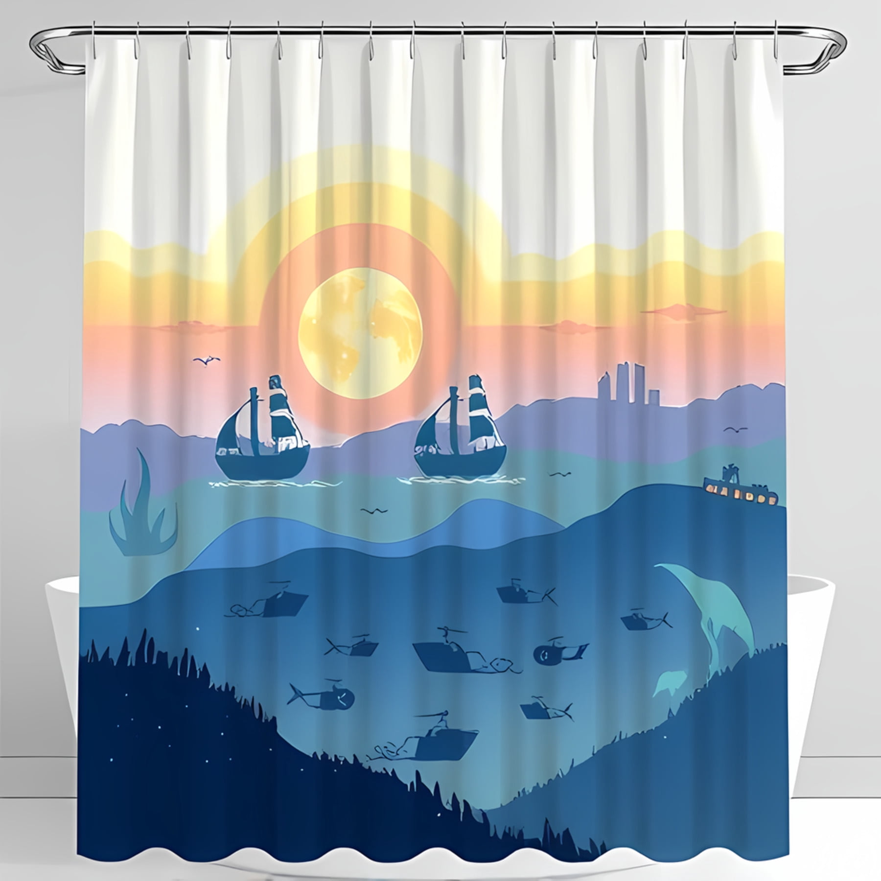 Serene Sunset Sailing Shower Curtain - Vibrant Ocean Scene with Ships ...