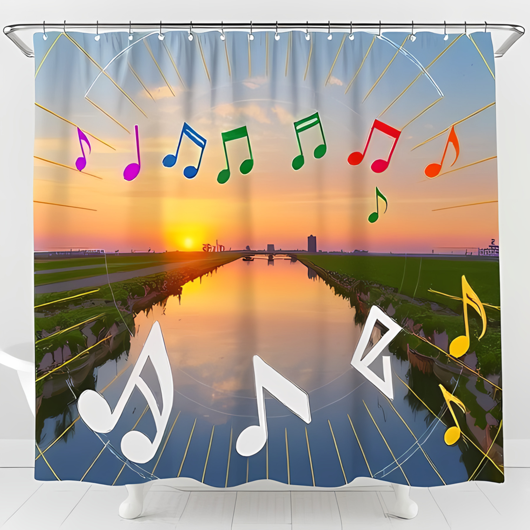 Serene Sunset Shower Curtain - Greenery & Musical Notes Pattern Vibrant ...