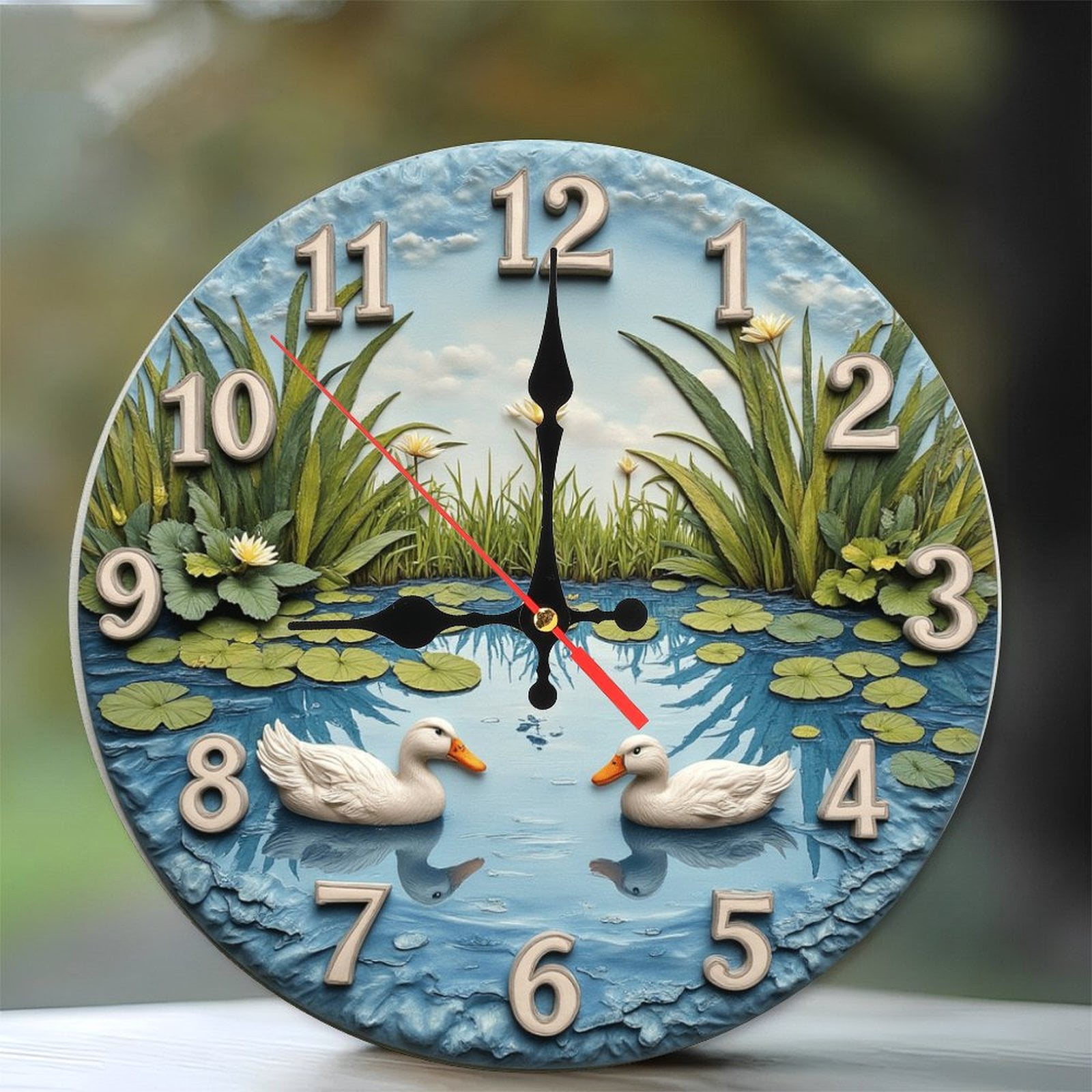 Serene Water Lily Pond Ducks Wall Clock 10-Inch Silent Wooden Wall ...