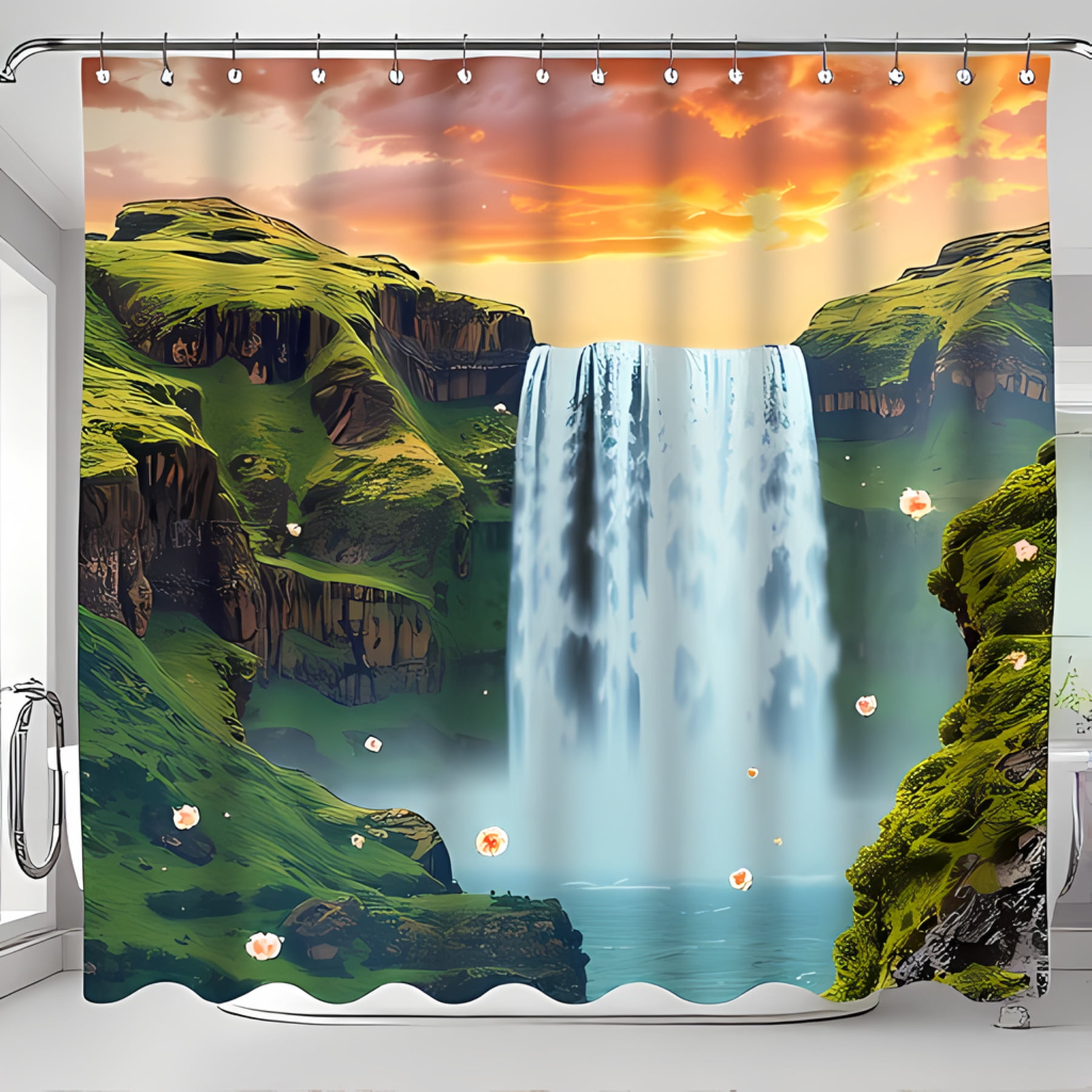 Serene Waterfall Shower Curtain - Green Cliffside Design with White ...