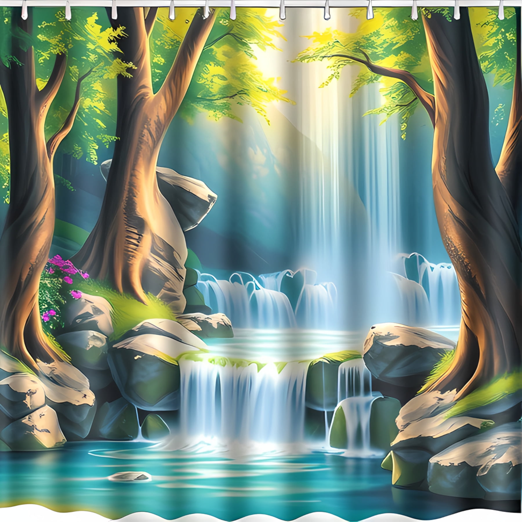 Serene Waterfall Shower Curtain - Green Forest Design with Cascading ...