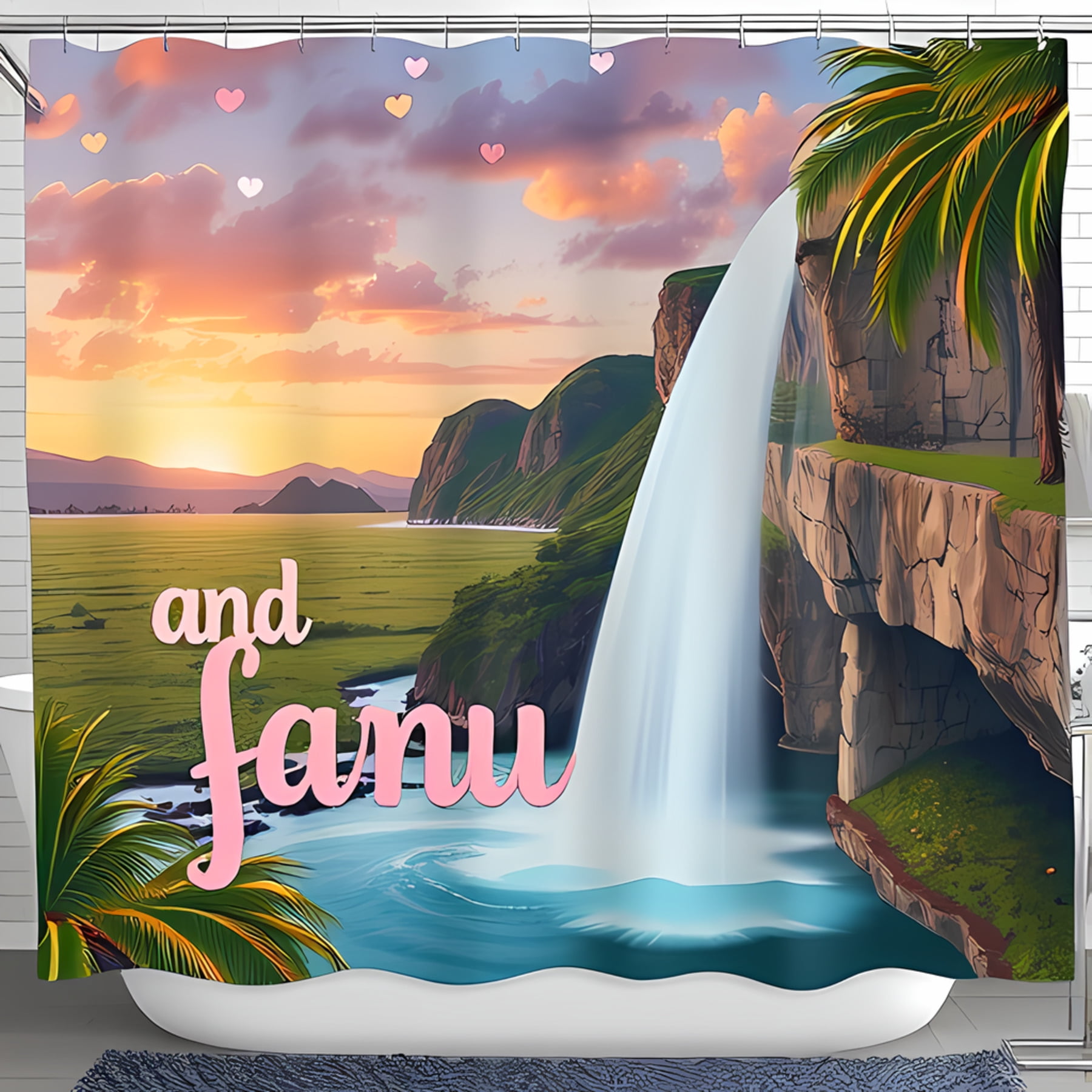 Serene Waterfall Shower Curtain - Green Hills & Pool Design with Sunset ...
