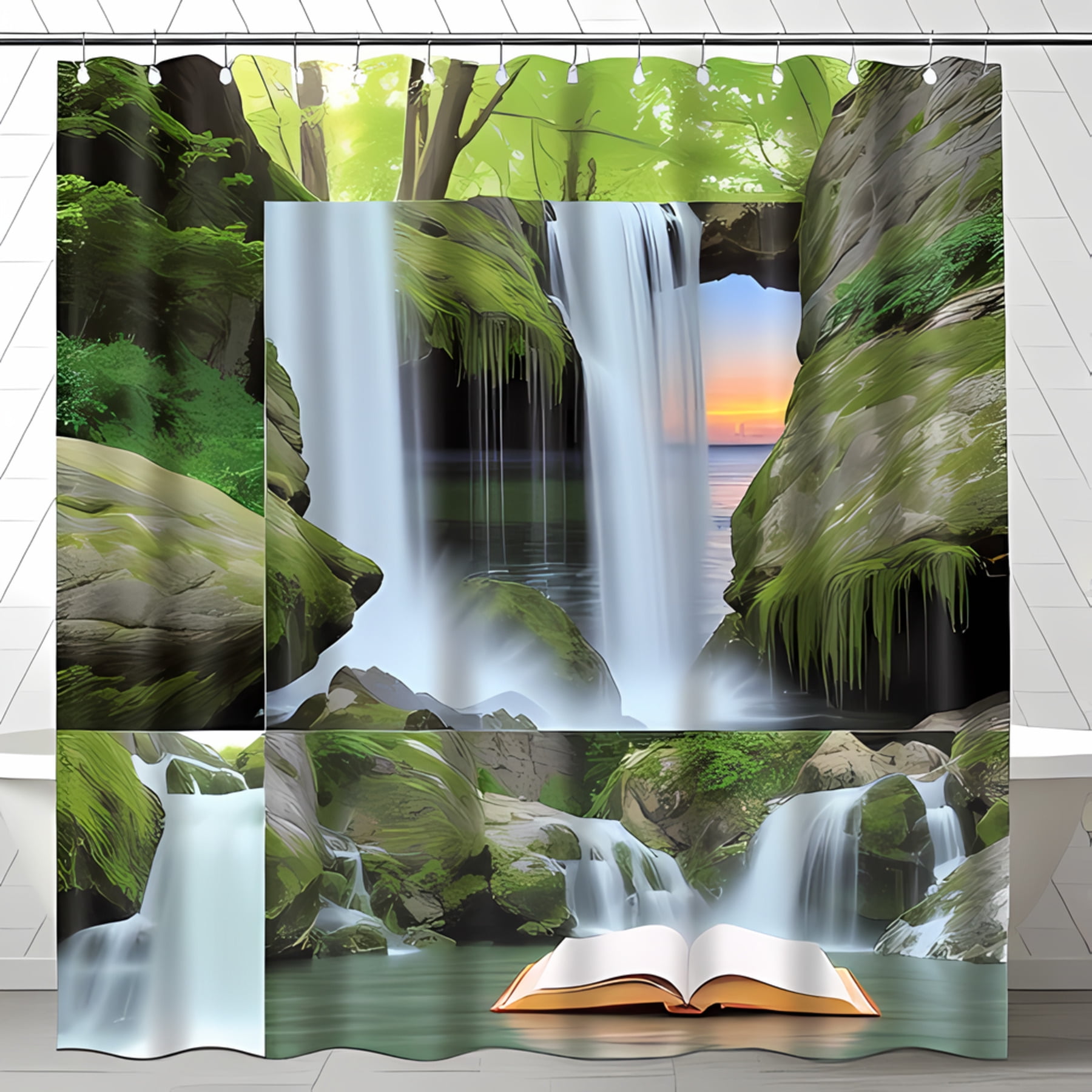 Serene Waterfall Shower Curtain - Green & Tranquil Water Design with ...