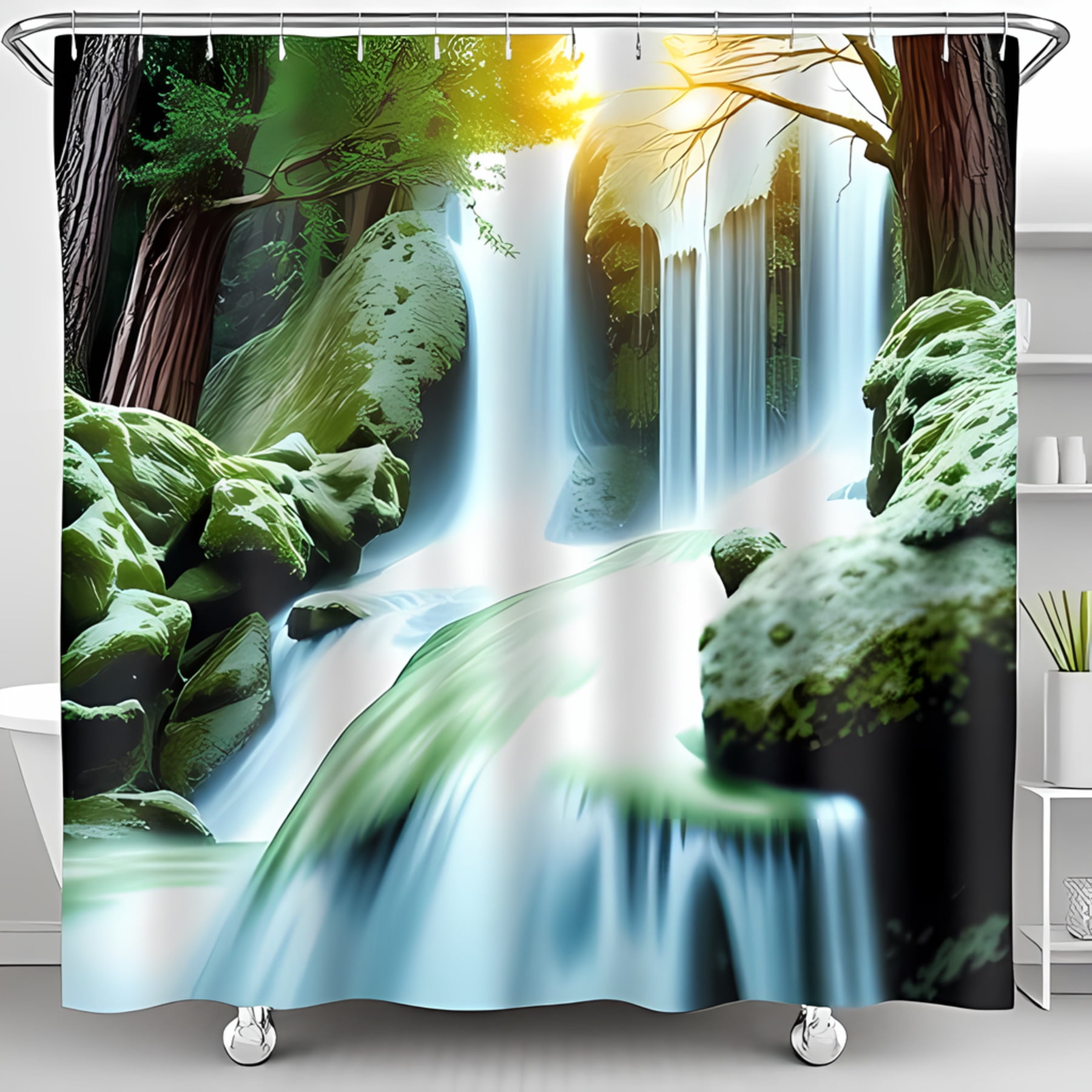 Serene Waterfall Shower Curtain - Greenery & Cascading Water Design for ...