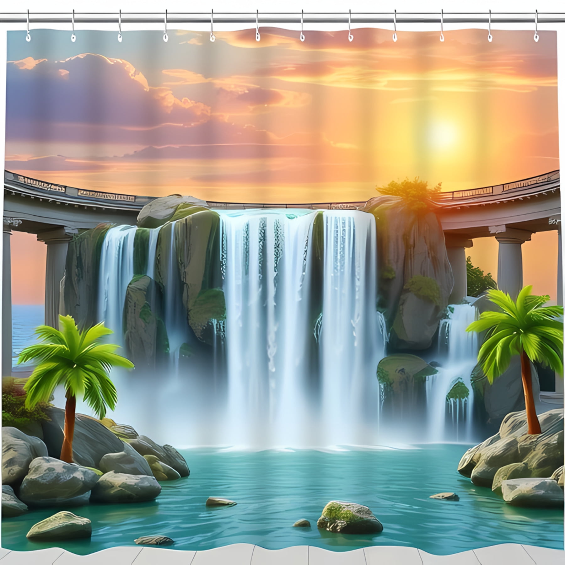 Serene Waterfall Shower Curtain - Tropical Design with Roman & Sunset ...