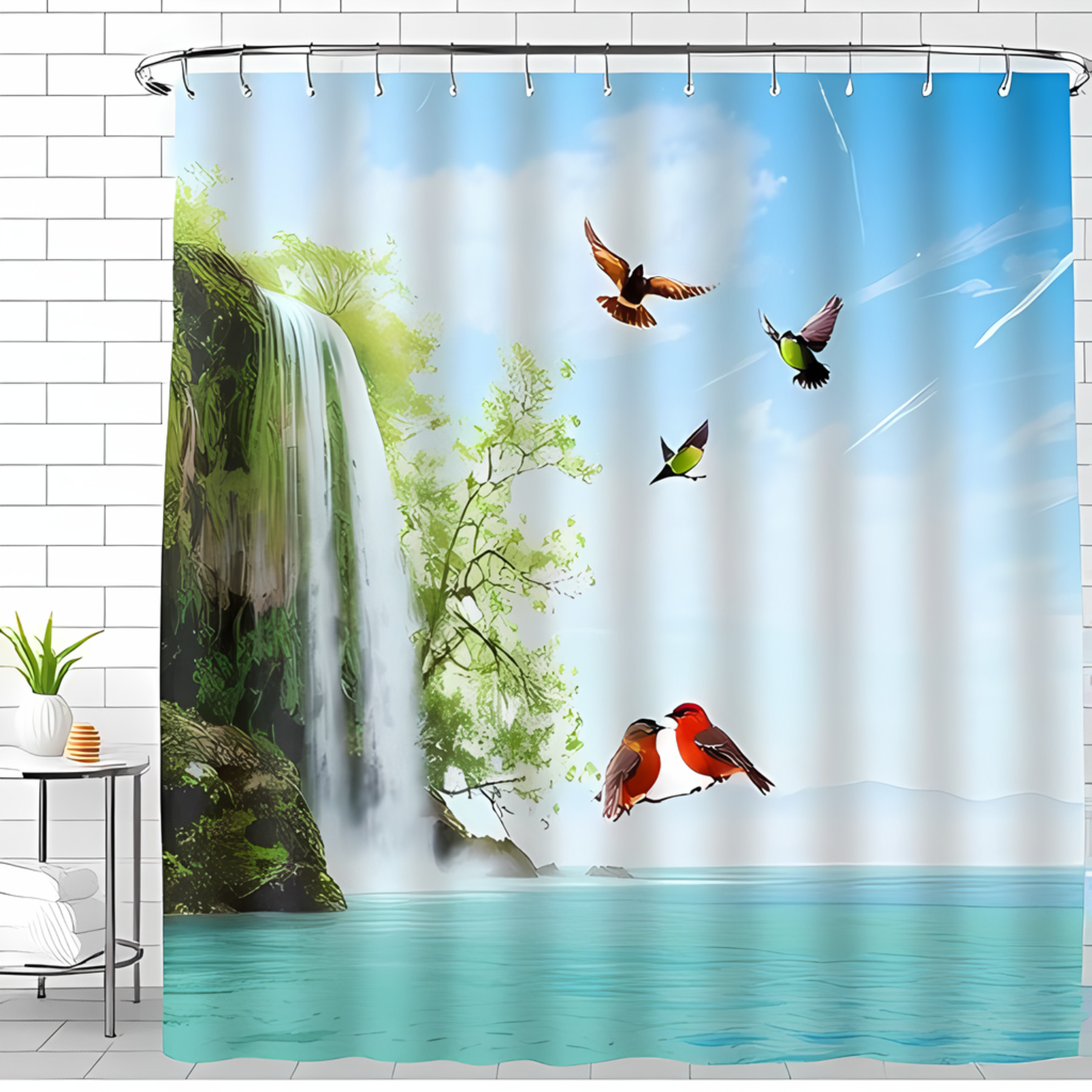Serene Waterfall Shower Curtain - Tropical Paradise with Foliage ...